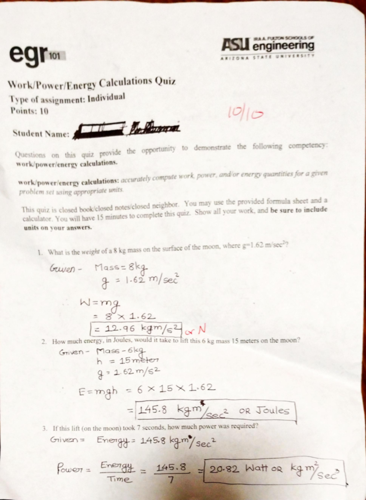Work power Energy Calculation quiz - AAPON SOHOLSG ####### ASU ...