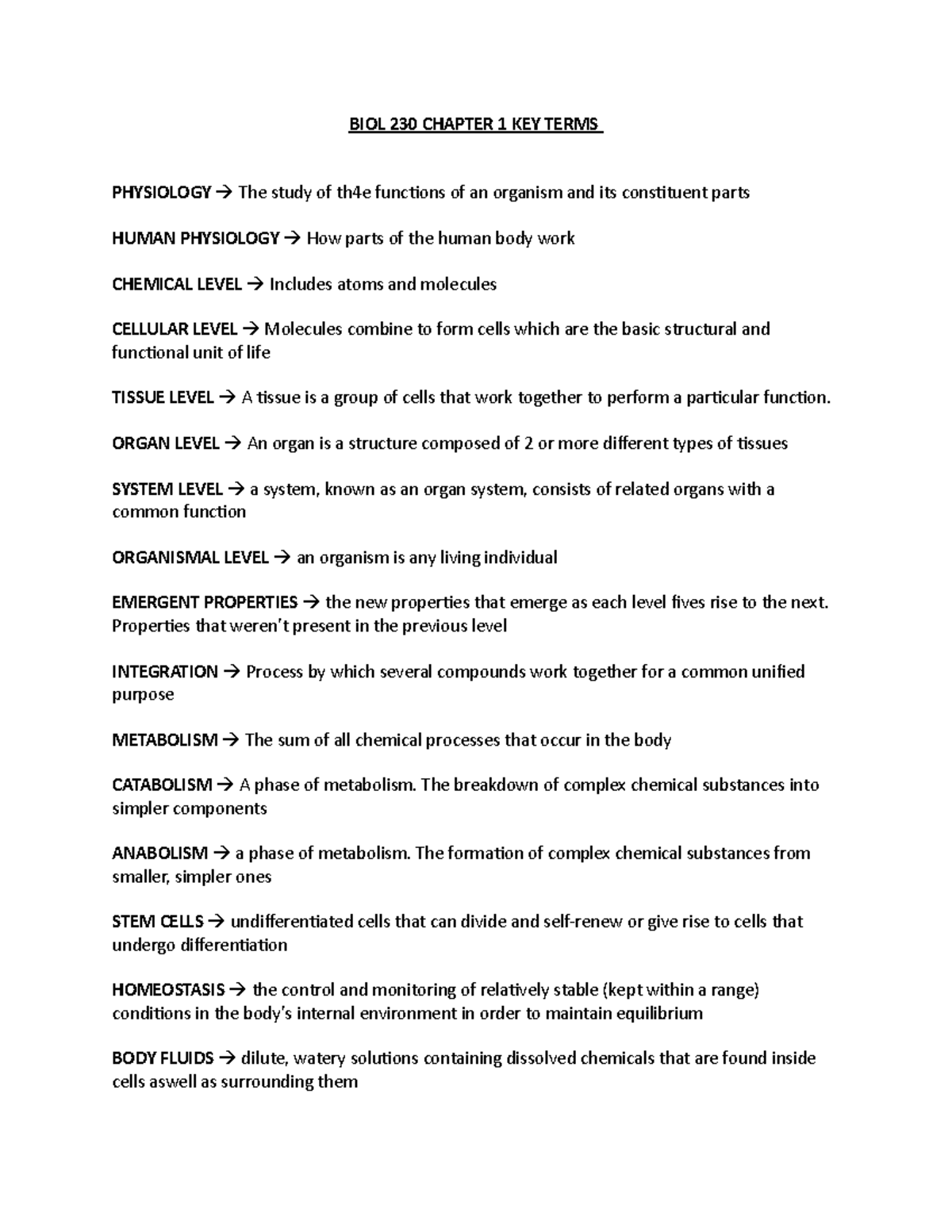 BIOL 230 Chapter 1 Key terms - BIOL 230 CHAPTER 1 KEY TERMS PHYSIOLOGY ...