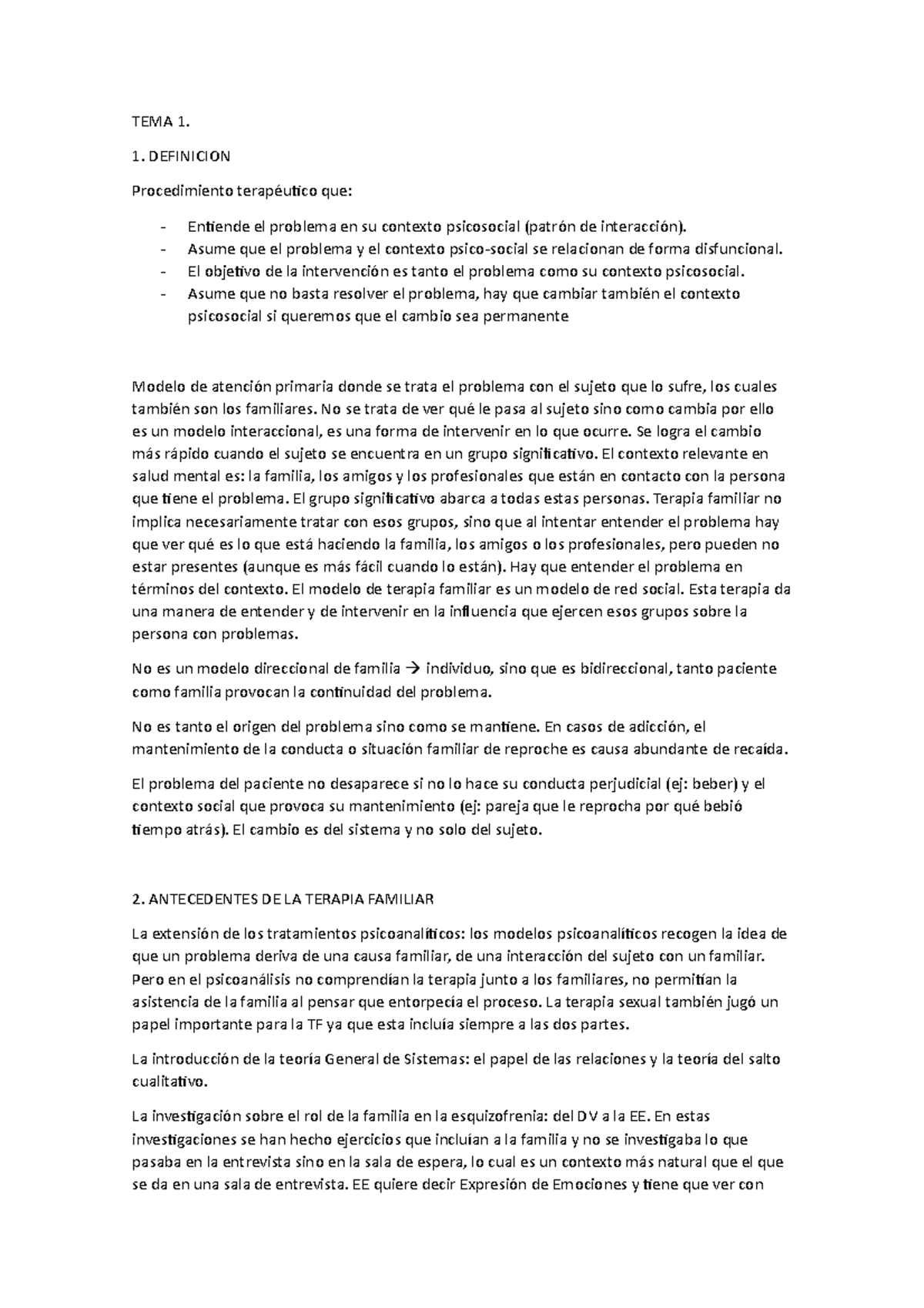 Temario Terapia de Familia Y Pareja - TEMA 1. 1. DEFINICION Procedimiento que: Entiende el ...