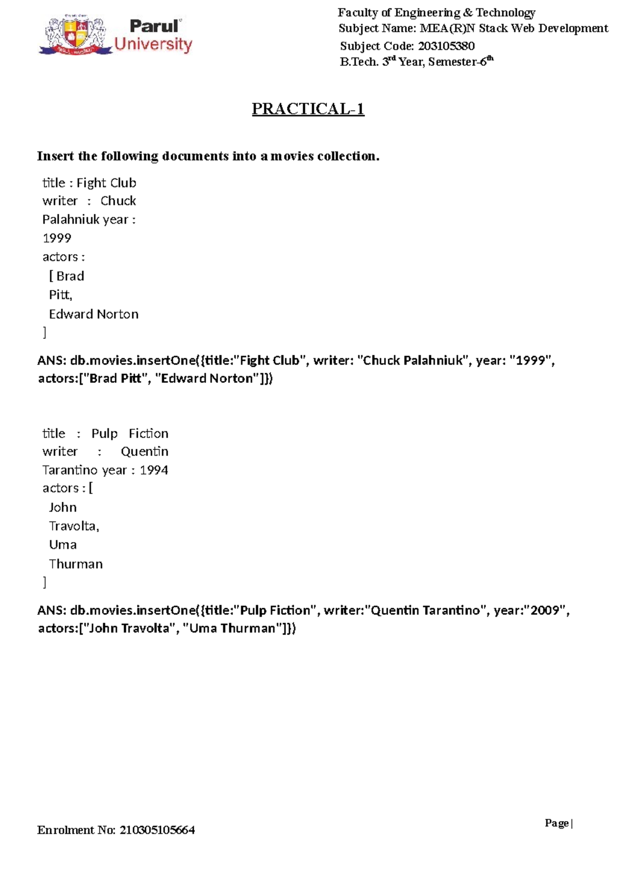 7013 MSWD Practical-1 TO 3 - Subject Name: MEA(R)N Stack Web ...