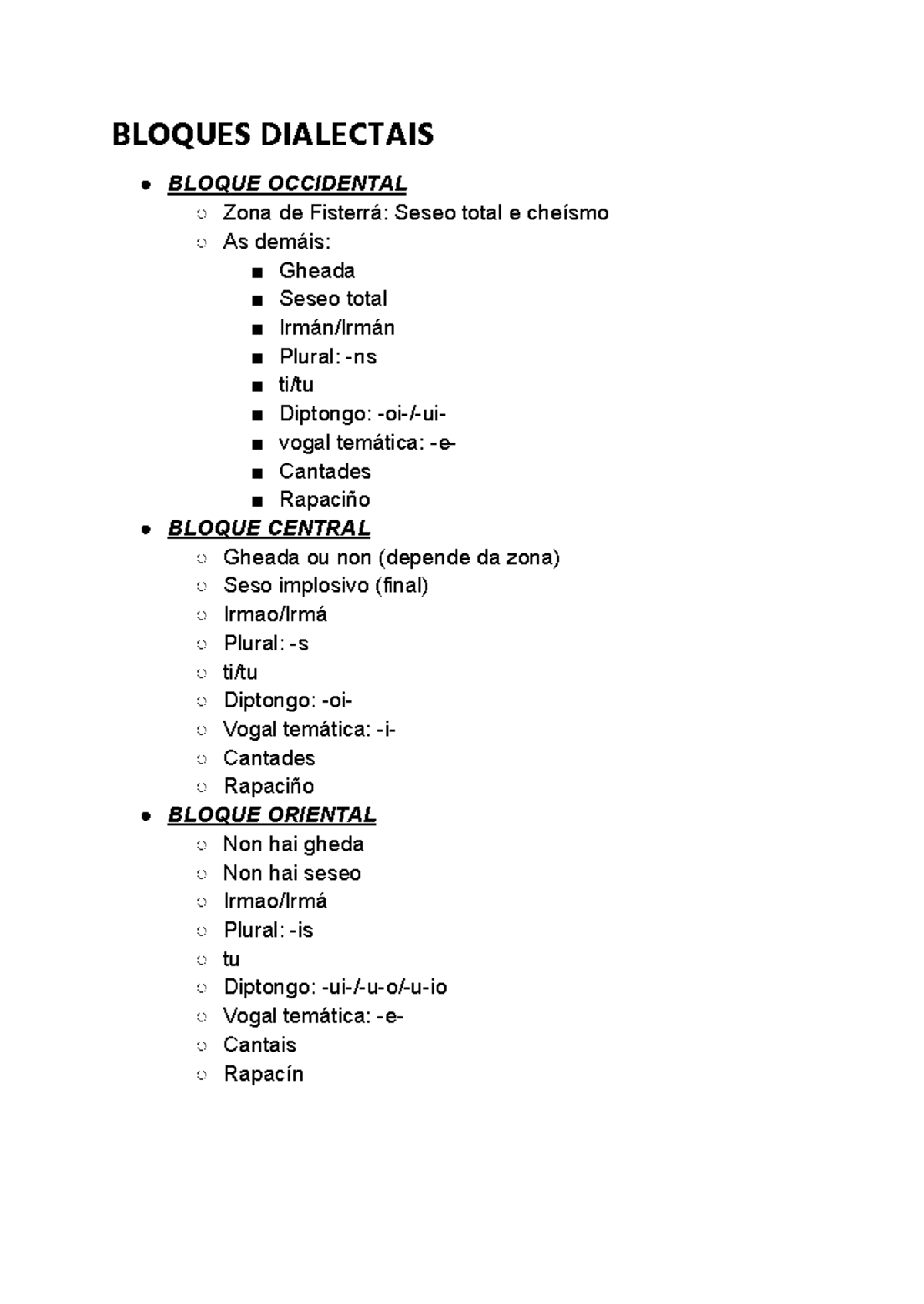 Bloques Dialectais - BLOQUES DIALECTAIS BLOQUE OCCIDENTAL Zona de Fisterrá: Seseo total e - Studocu