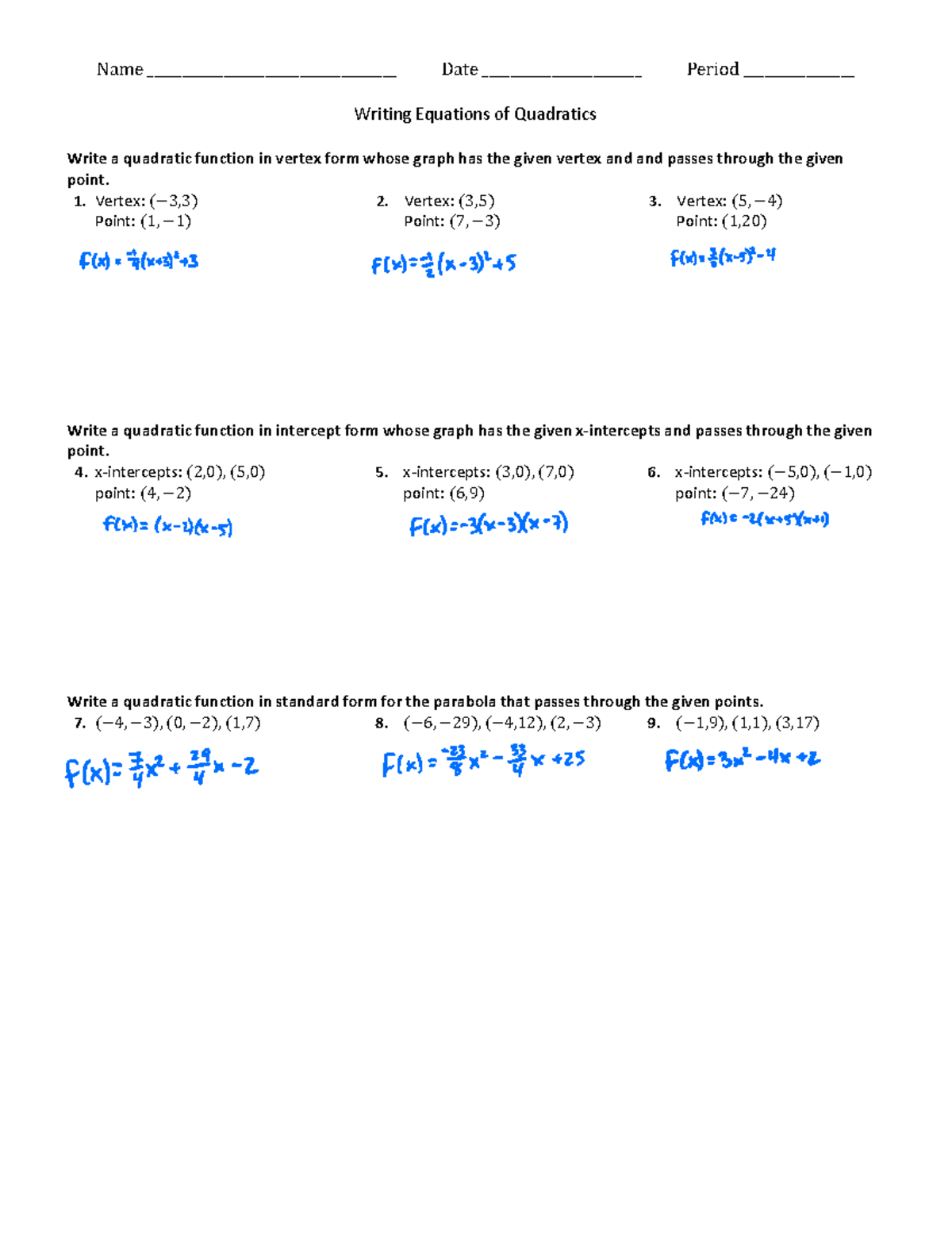 3 - Writing Equations of Quadratics Key - Name ...