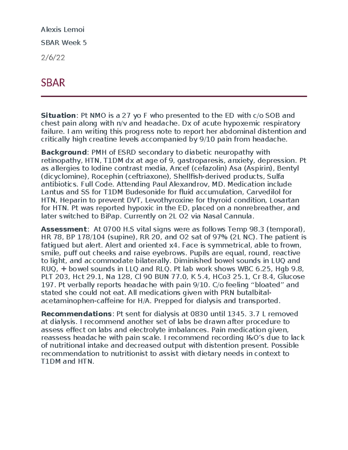 SBAR W5 - This assignment is made up of fake patient information for ...
