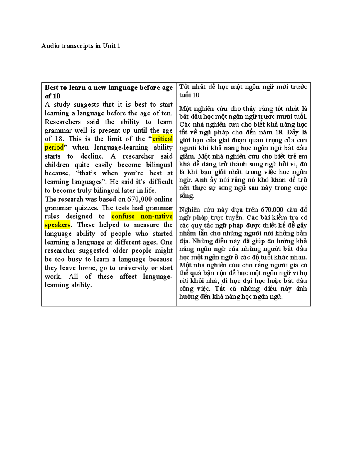 Audio transcripts in Unit 1 - Researchers said the ability to learn grammar well is present up ...