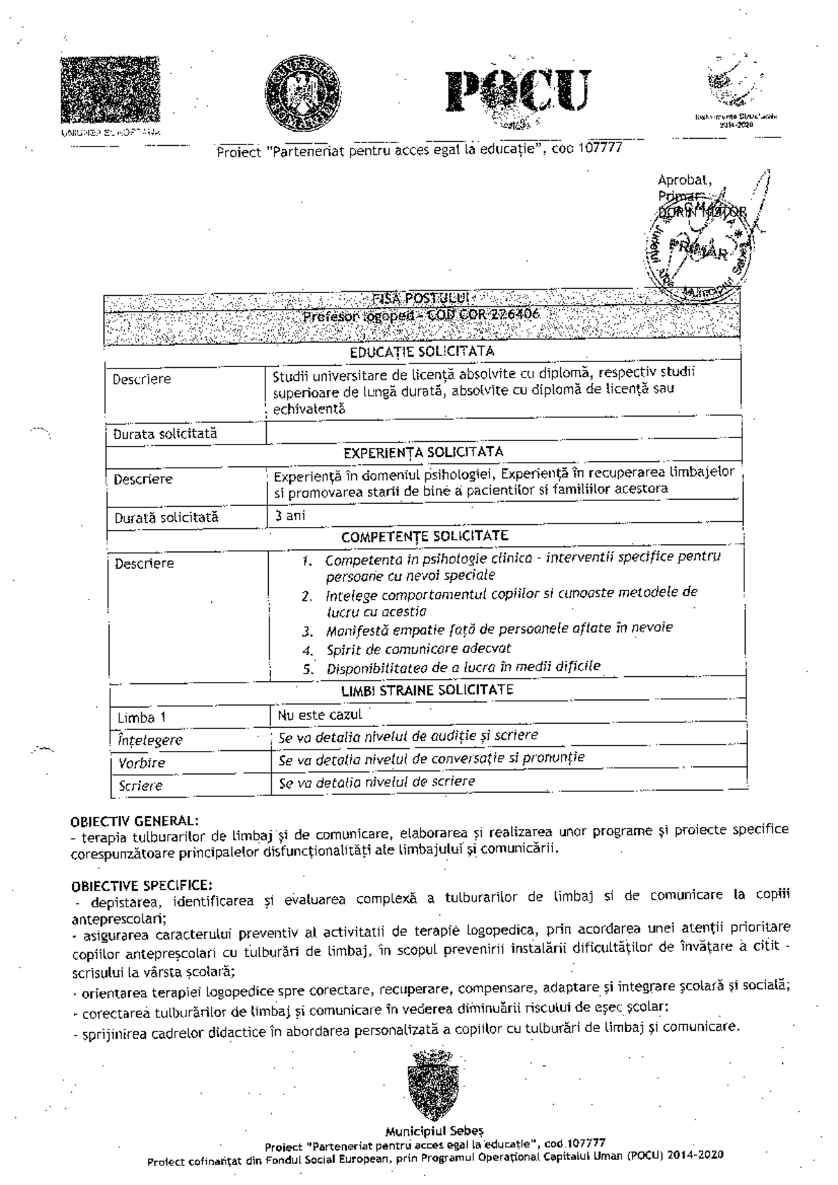 FISA POST Profesor logoped - Stategii de comunicare eficienta - Studocu