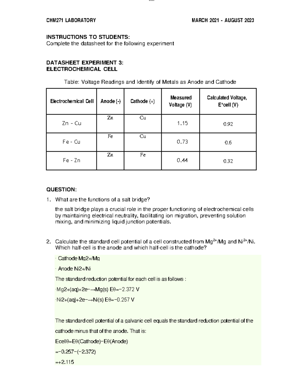 DATA Sheet EXP 3 - lOMoAR cPSD| 18888678 lOMoAR cPSD| 18888678 CHM271 ...