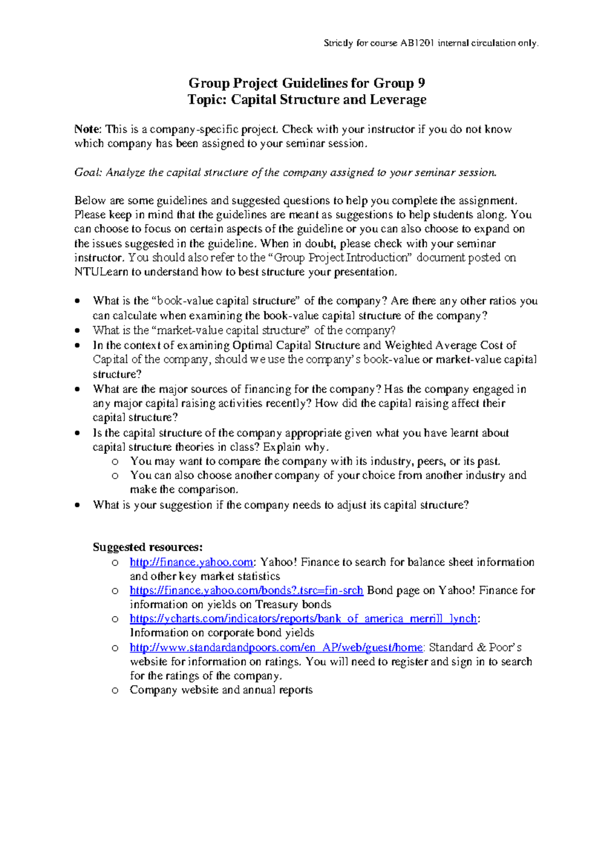 Project Group 9 - Strictly for course AB1201 internal circulation only ...