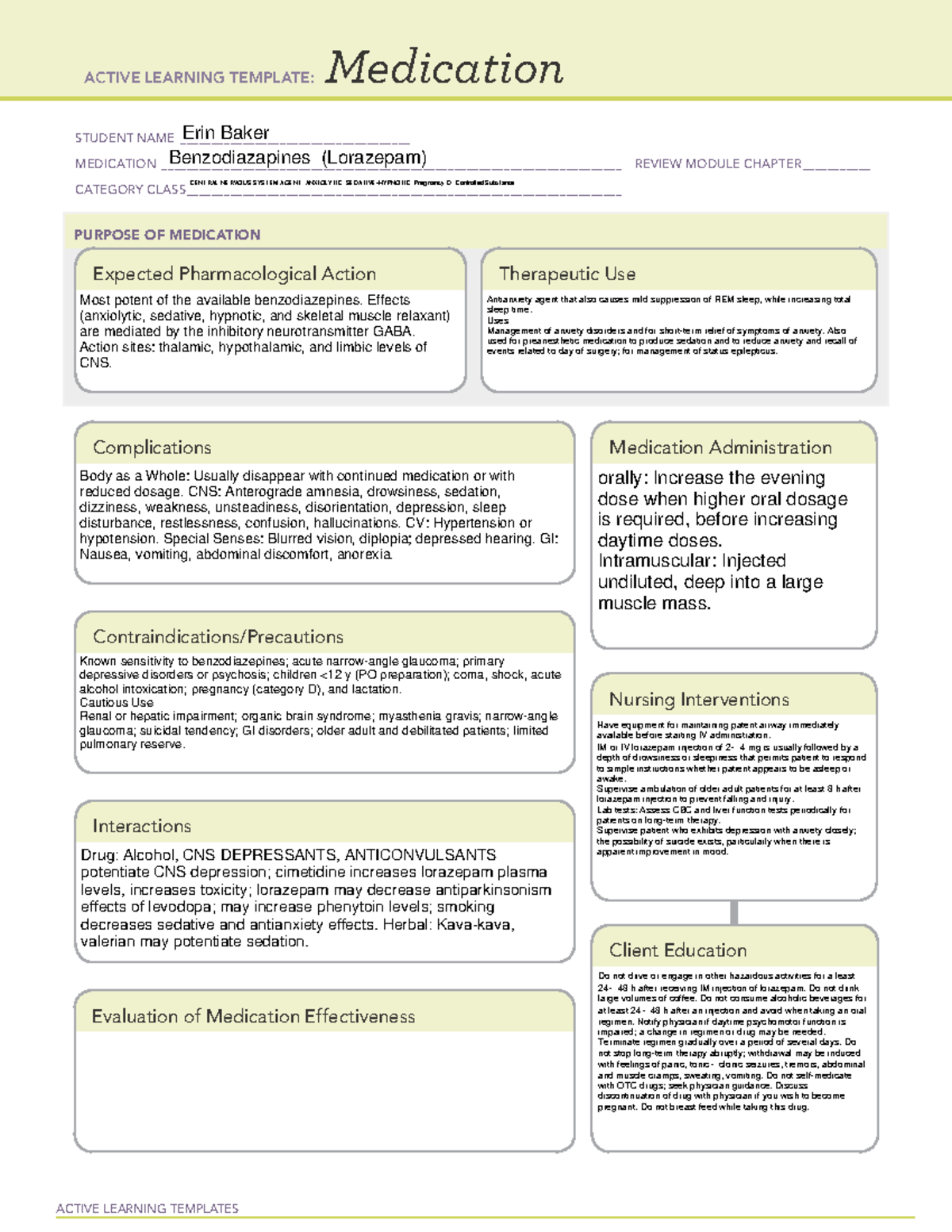 Benzodiazapines (Lorazepam) Medication - ACTIVE LEARNING TEMPLATES ...