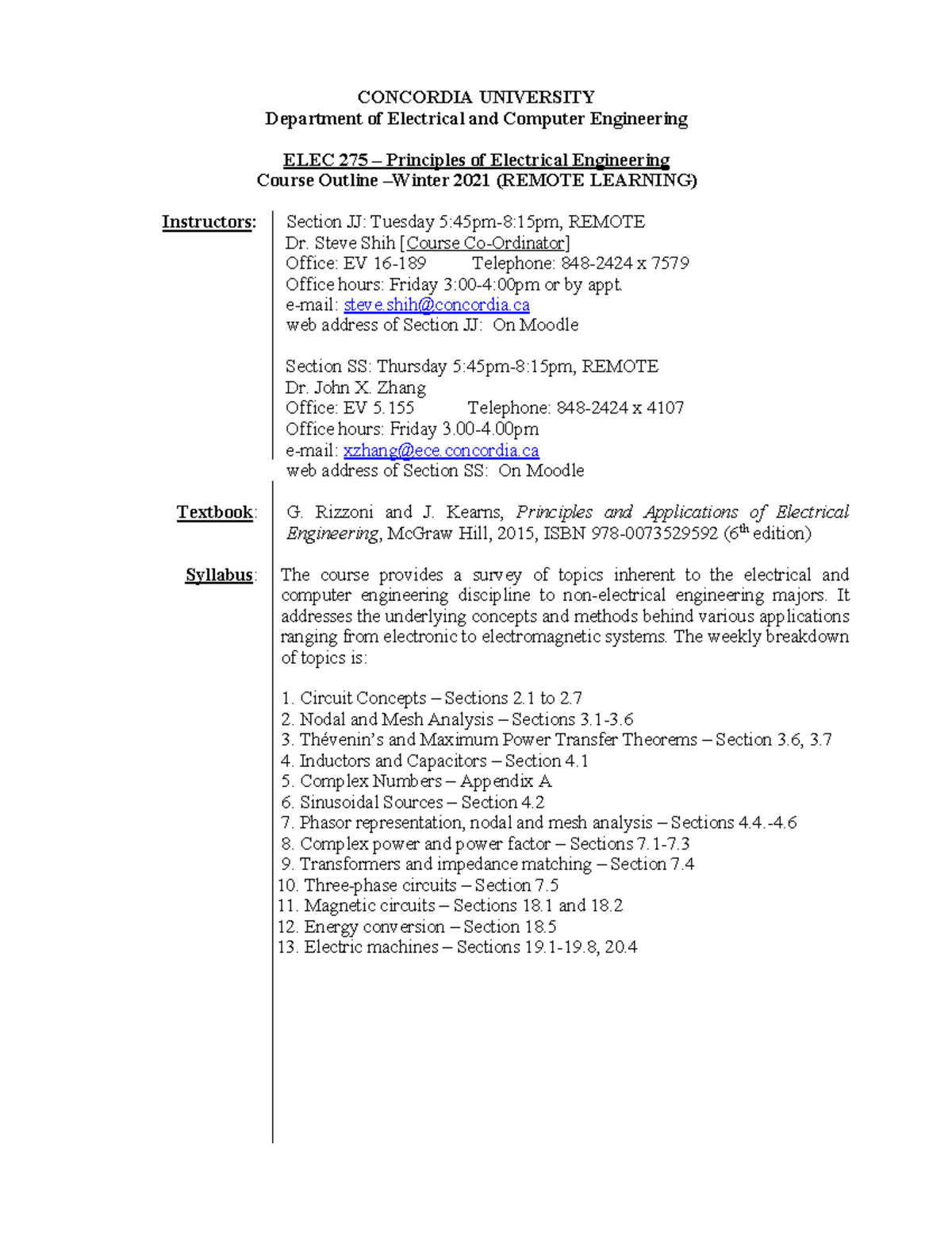 ELEC 275 Final Outline - CONCORDIA UNIVERSITY Department of Electrical ...