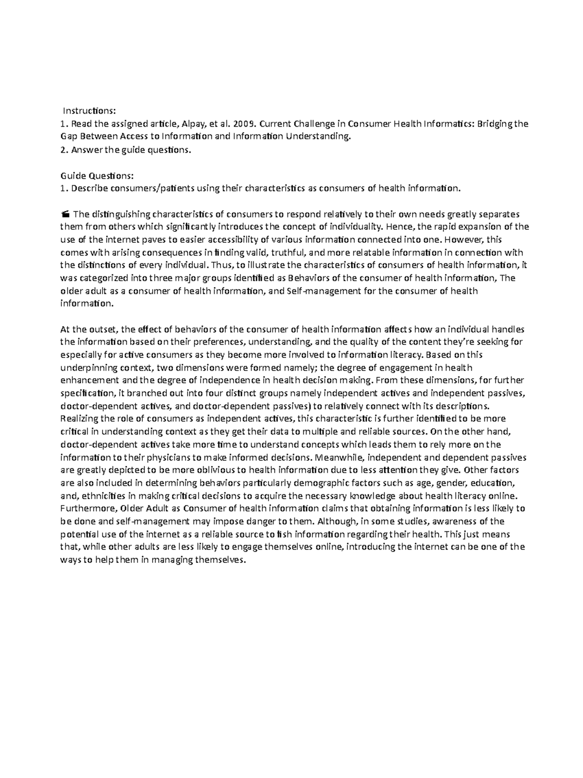 Pcare 171 - Assignment - Instructions: Read the assigned article, Alpay ...