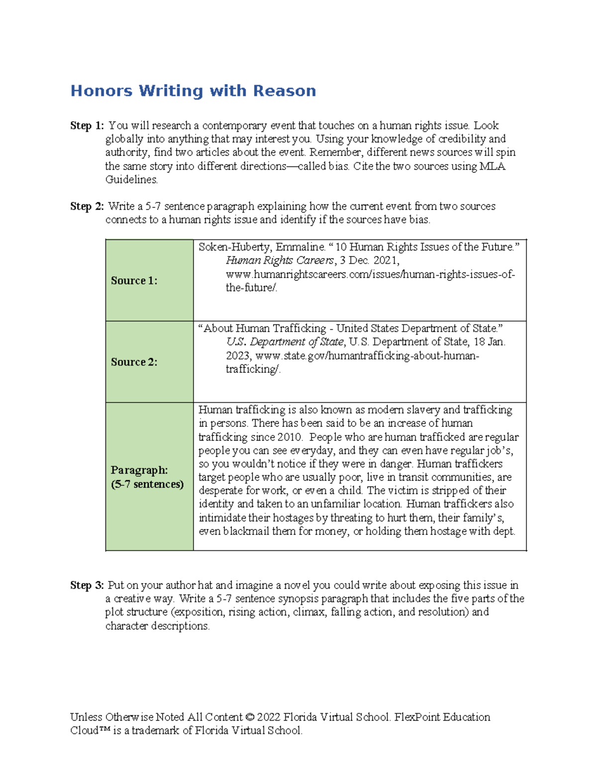 Honors reason assess rubric - Honors Writing with Reason Step 1: You ...