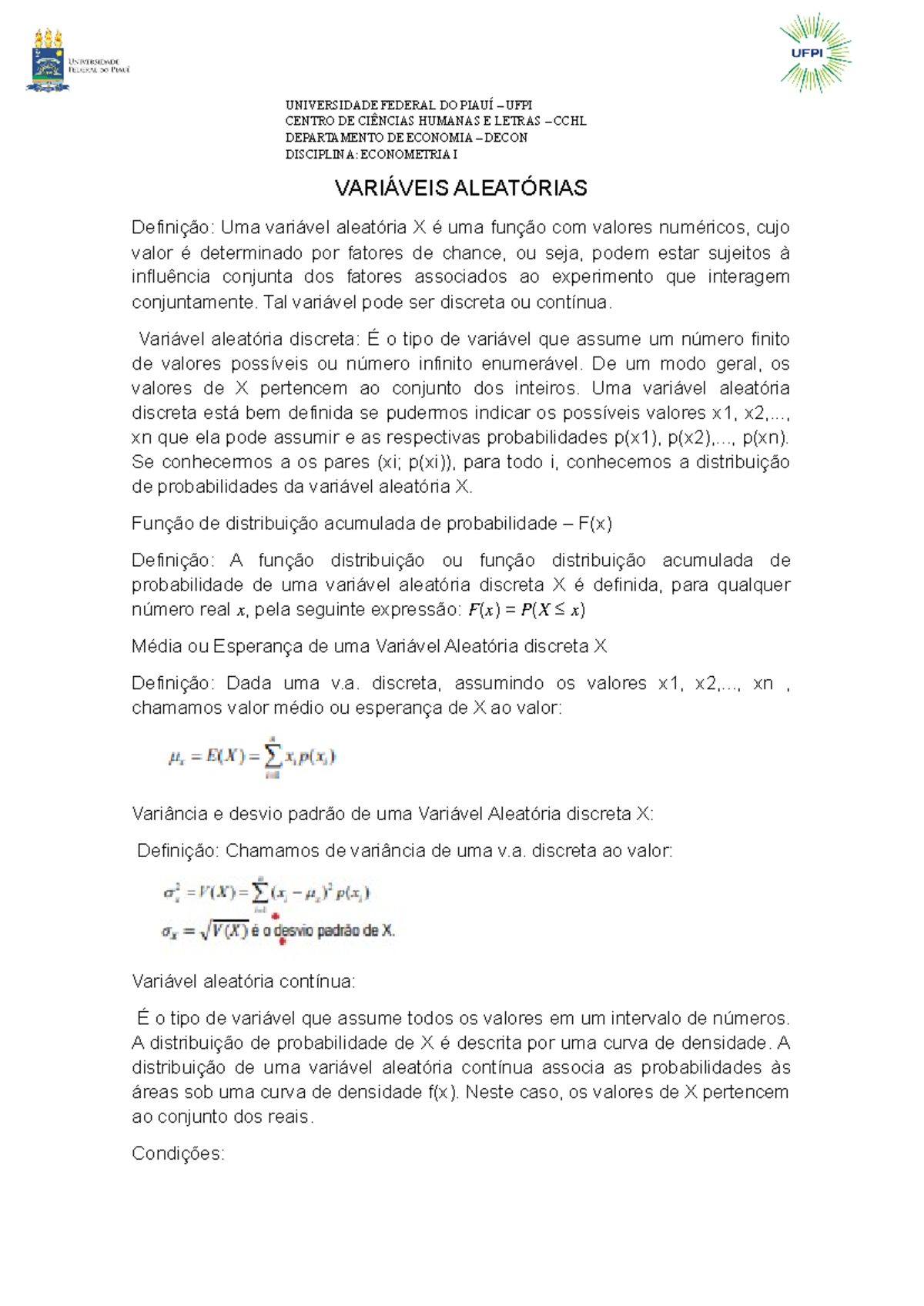 Econometria I - Resumo de variaveis aleatorias - CENTRO DE CIÊNCIAS HUMANAS E LETRAS – CCHL ...