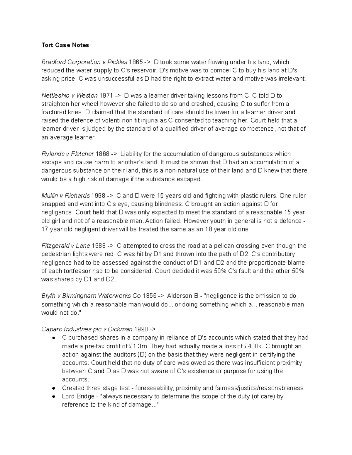 Tort Case Notes - tort key cases - Tort Case Notes Bradford Corporation ...