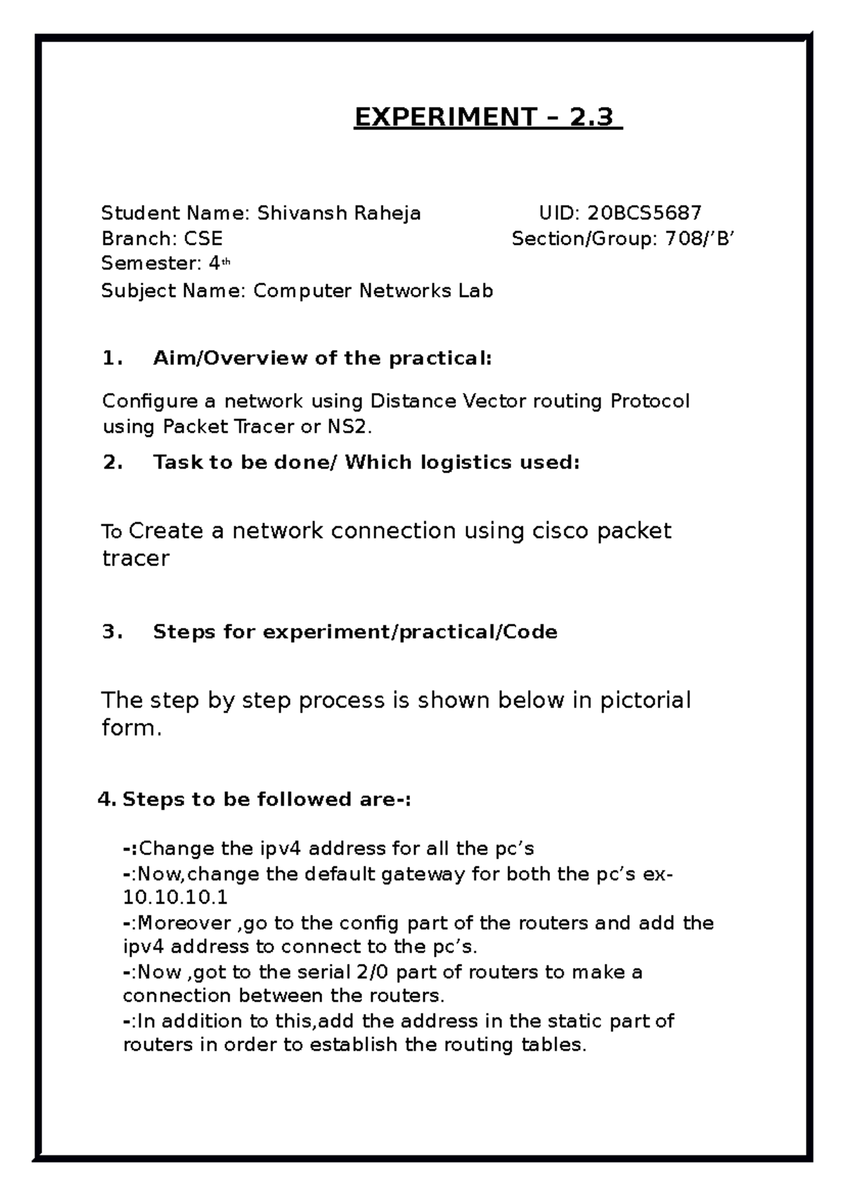 Experiment 2.3 CN LAB - EXPERIMENT – 2. Student Name: Shivansh Raheja ...