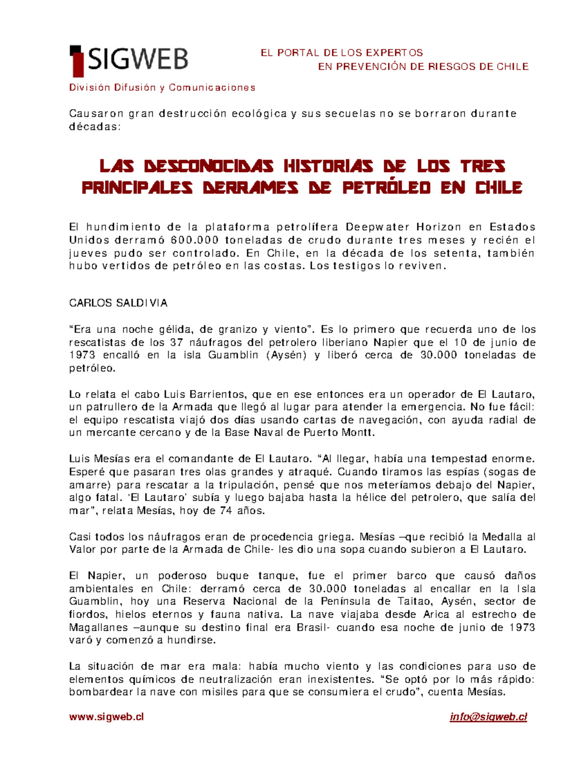 Derrames Petroleo Chile - Di v i s i ó n Di f u s i ó n y Co m u n i c a c i o n e s EN PREV EN ...