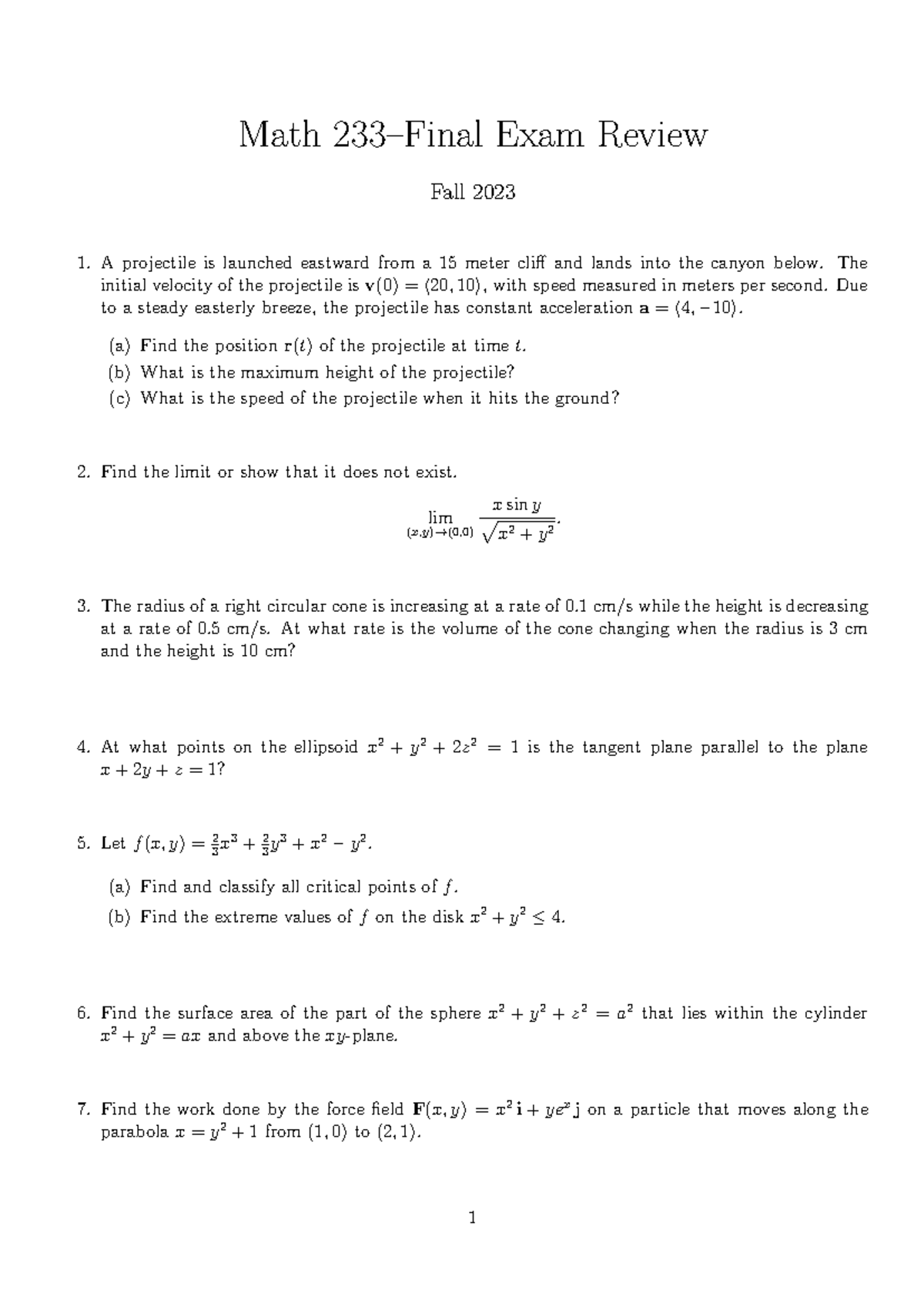 Math 233 Final Exam Review Dec_12_2023 - Math 233–Final Exam Review ...