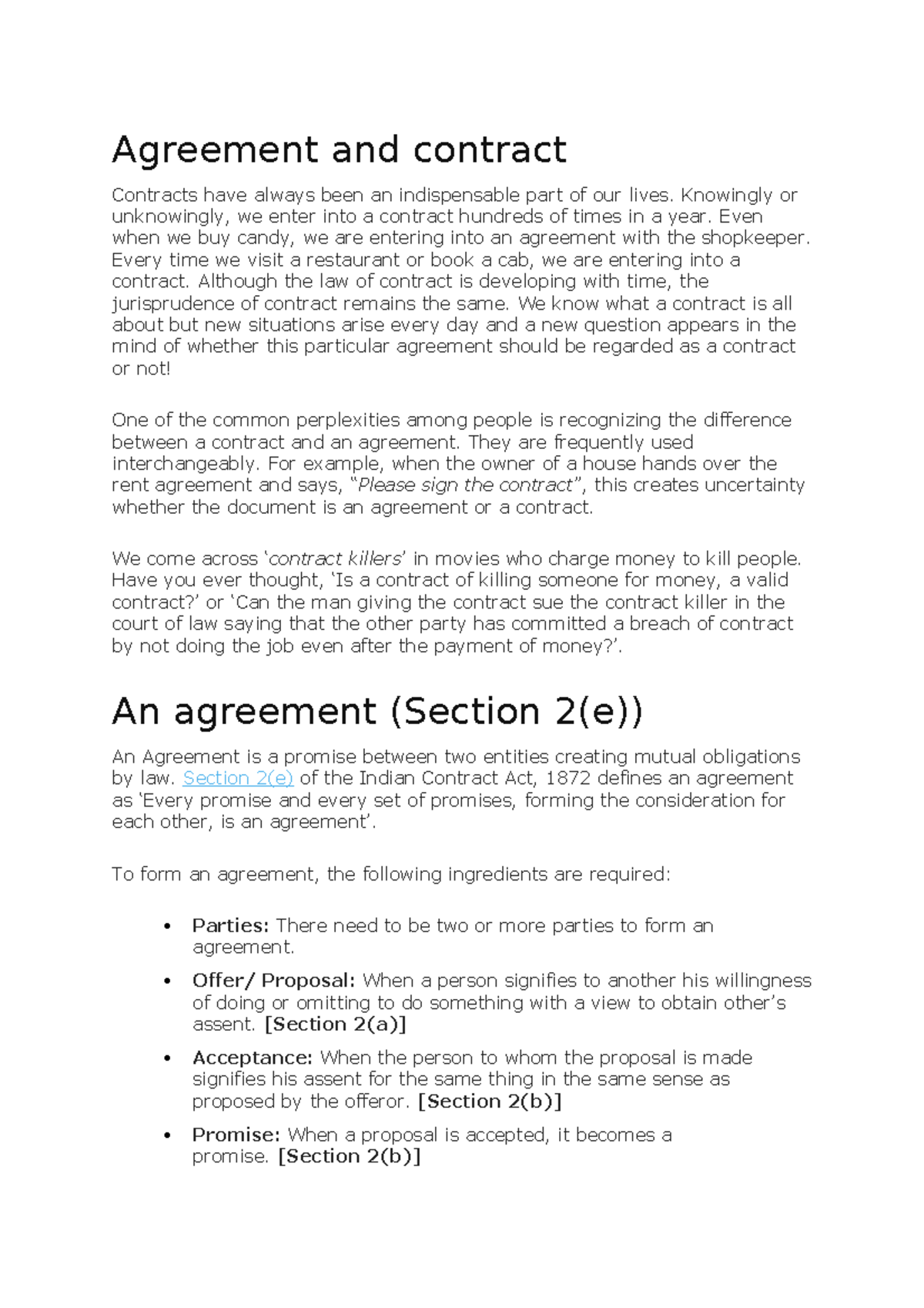LAW OF Contract Notes - Agreement and contract Contracts have always ...