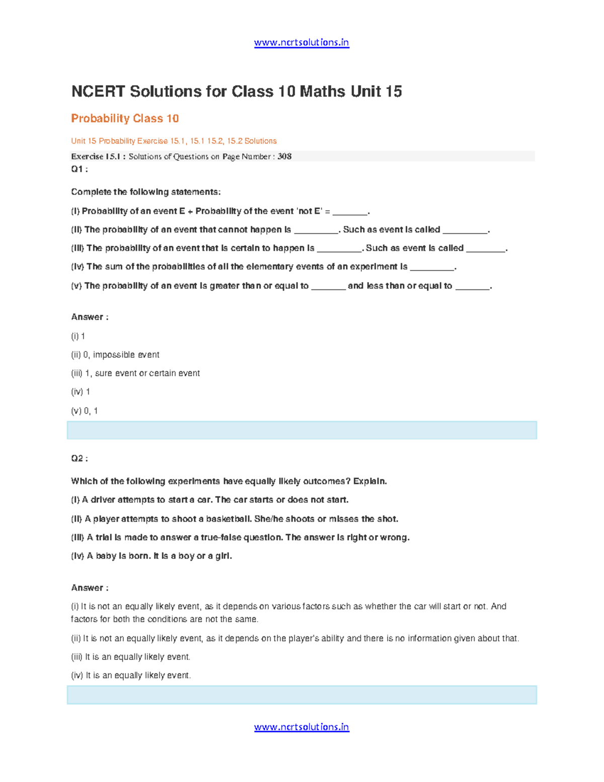 Chapter 15 probability - NCERT Solutions for Class 10 Maths Unit 15 ...