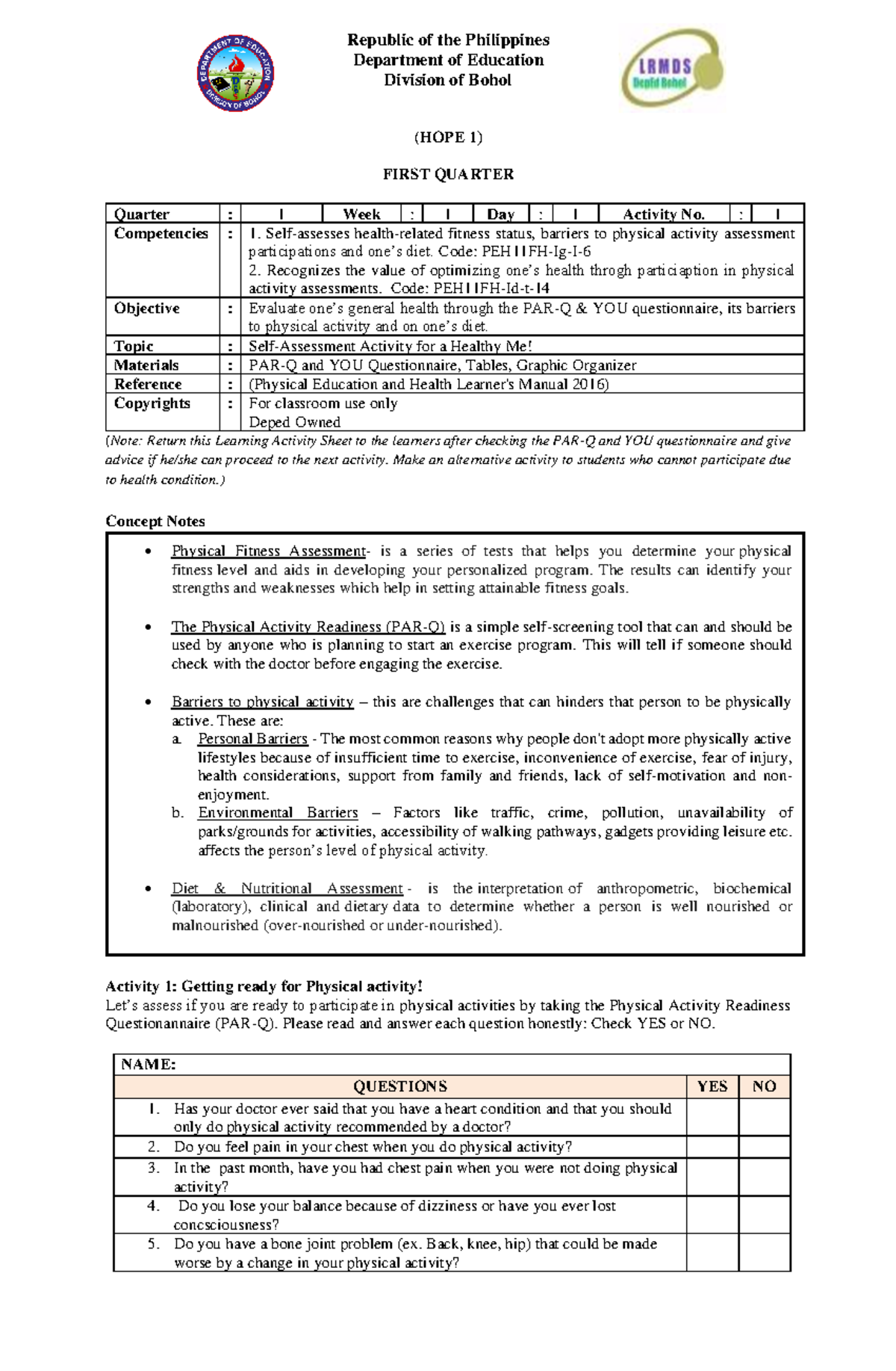 HOPE 1 Q1 Week 1 - HOPE Q1 11 - Republic of the Philippines Department ...