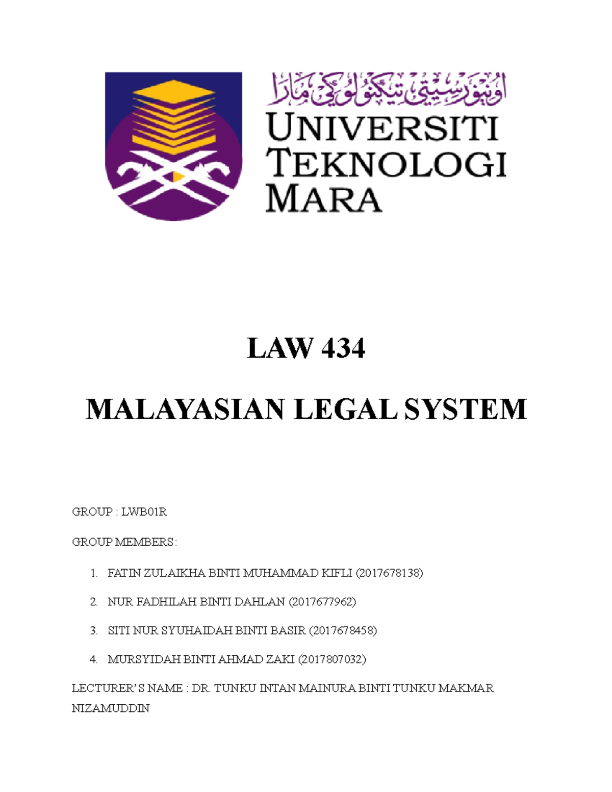 Sample answers for all chapters in LAW434 - Malaysian Legal System ...