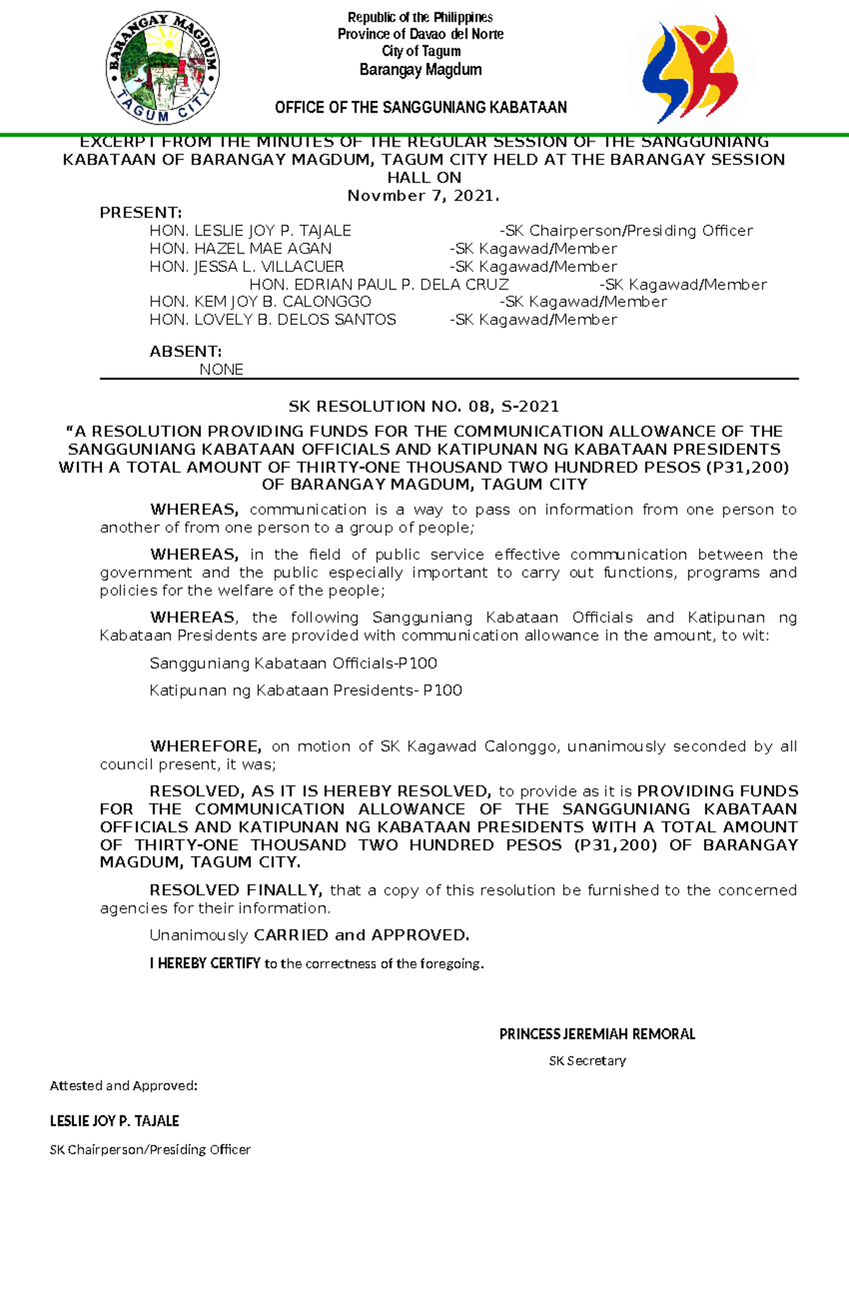 RESOLUTION SAMPLE ON LOAD CARD - EXCERPT FROM THE MINUTES OF THE ...