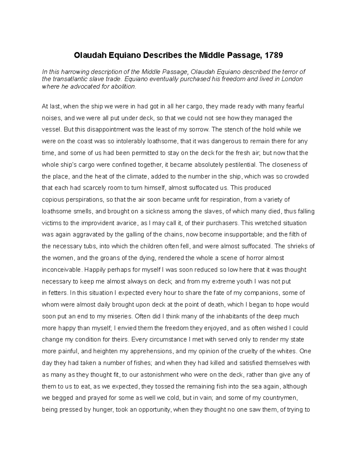 Primary Source 11 - Olaudah Equiano Describes the Middle Passage, 1789 ...