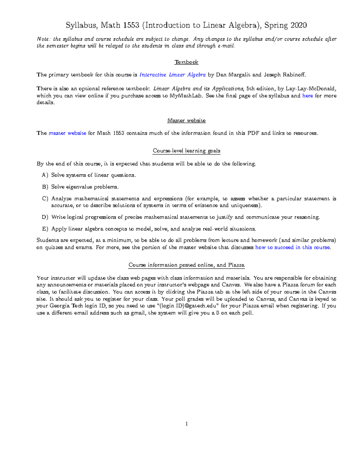 Common-syllabus MATH1553 - Syllabus, Math 1553 (Introduction to Linear Algebra), Spring 2020 ...