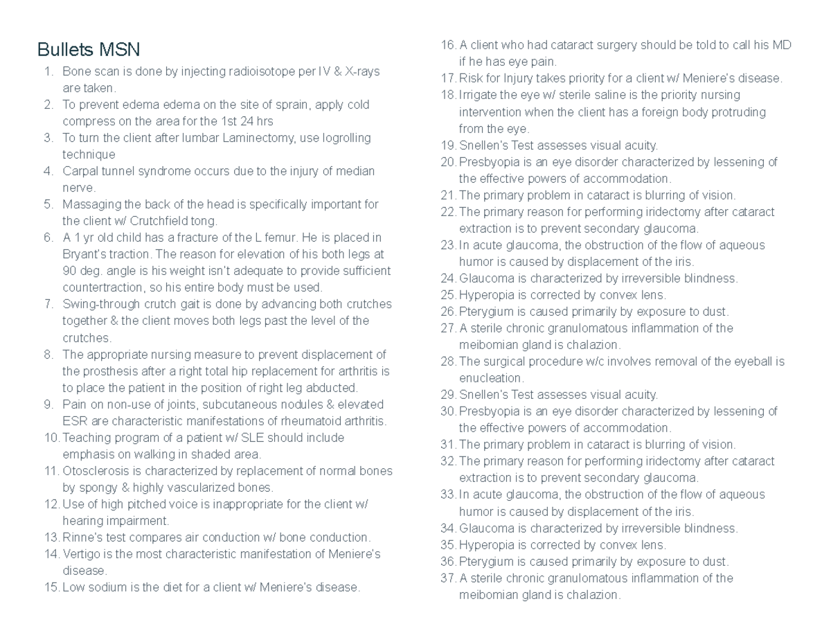 Bullet medsurg - Bullets MSN Bone scan is done by injecting ...