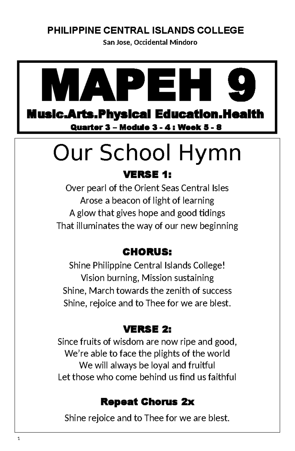 Mapeh 9 week 5 8 - NOTES - PHILIPPINE CENTRAL ISLANDS COLLEGE San Jose ...