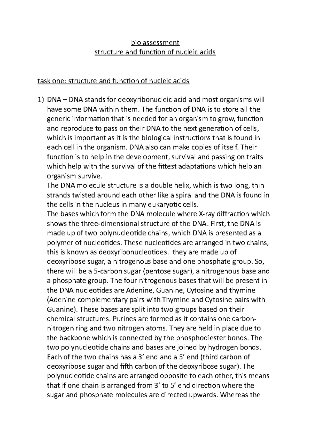 Bio assessment - bio assessment structure and function of nucleic acids ...