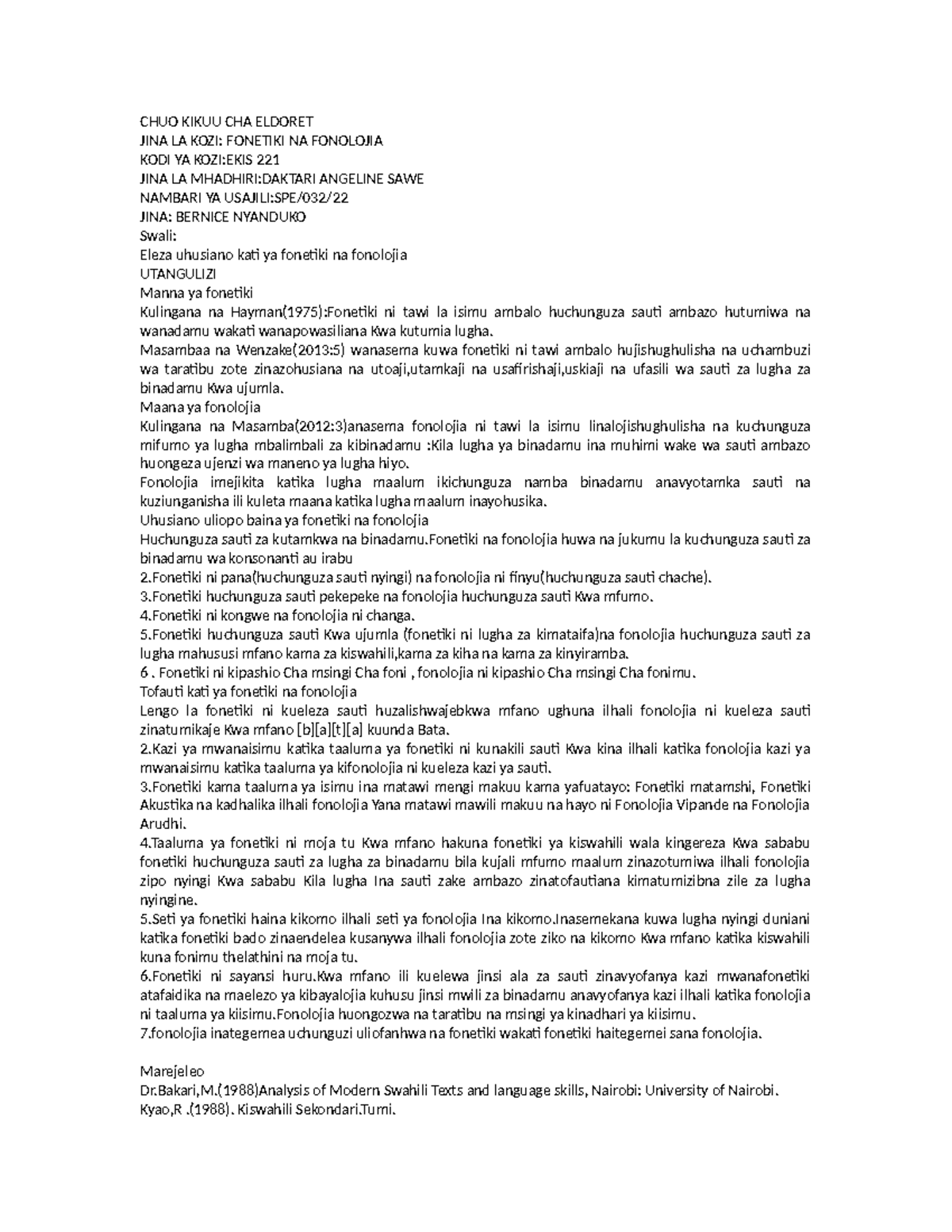 Fonetiki na fonolojia assignment - CHUO KIKUU CHA ELDORET JINA LA KOZI ...