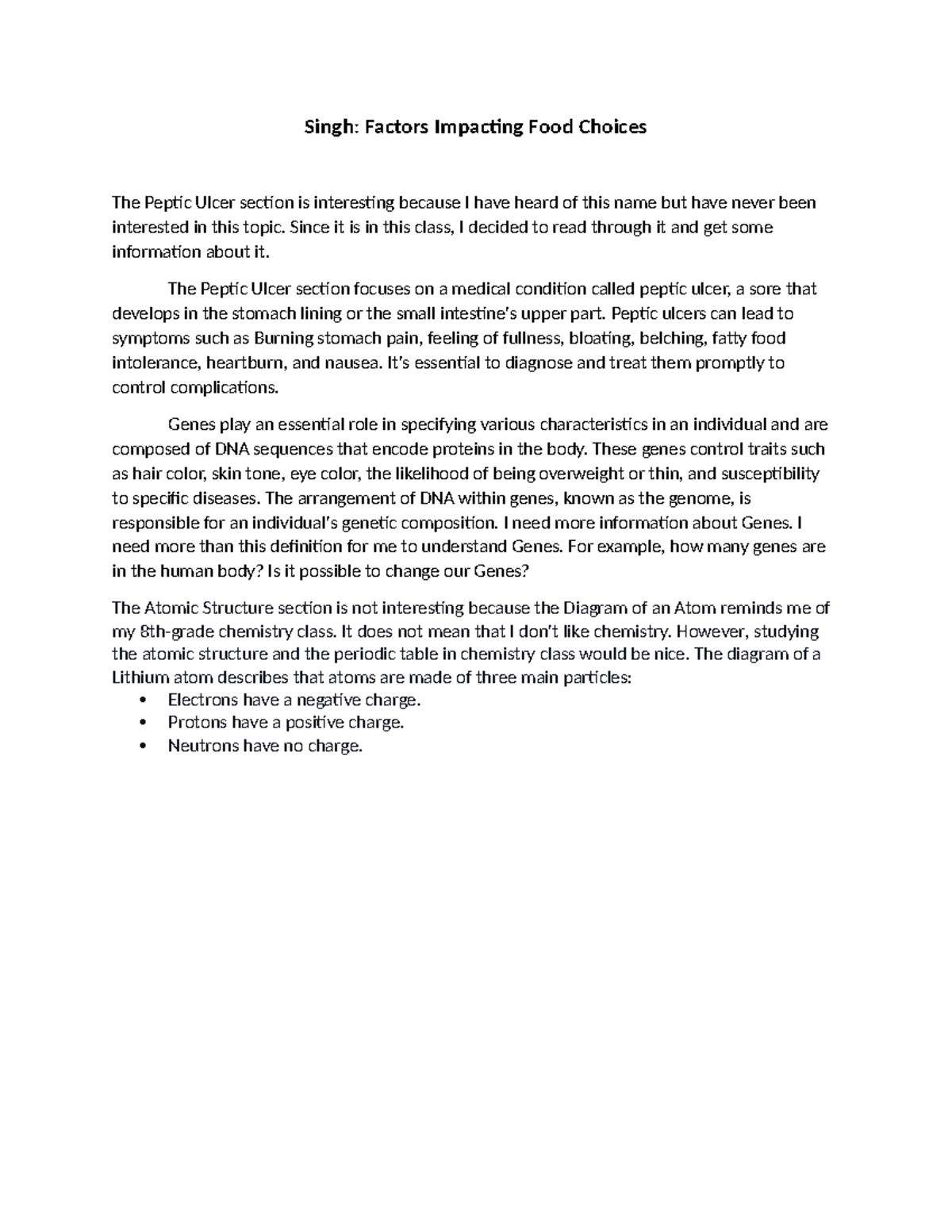 Week 1 A Discussion Factors Impacting Food Choices - Singh: Factors ...