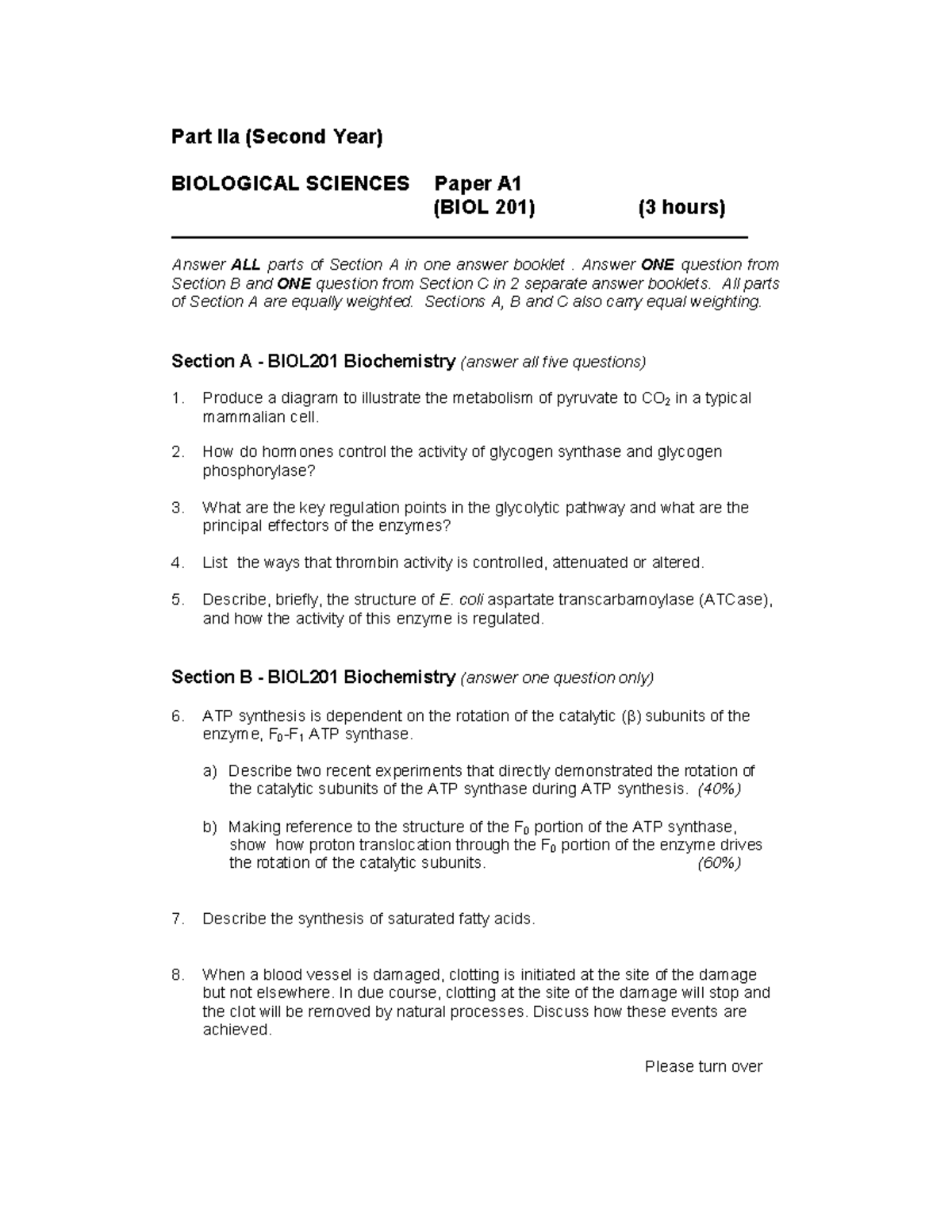 BIOL201 Biochemistry Past Paper 2010 - - Studocu