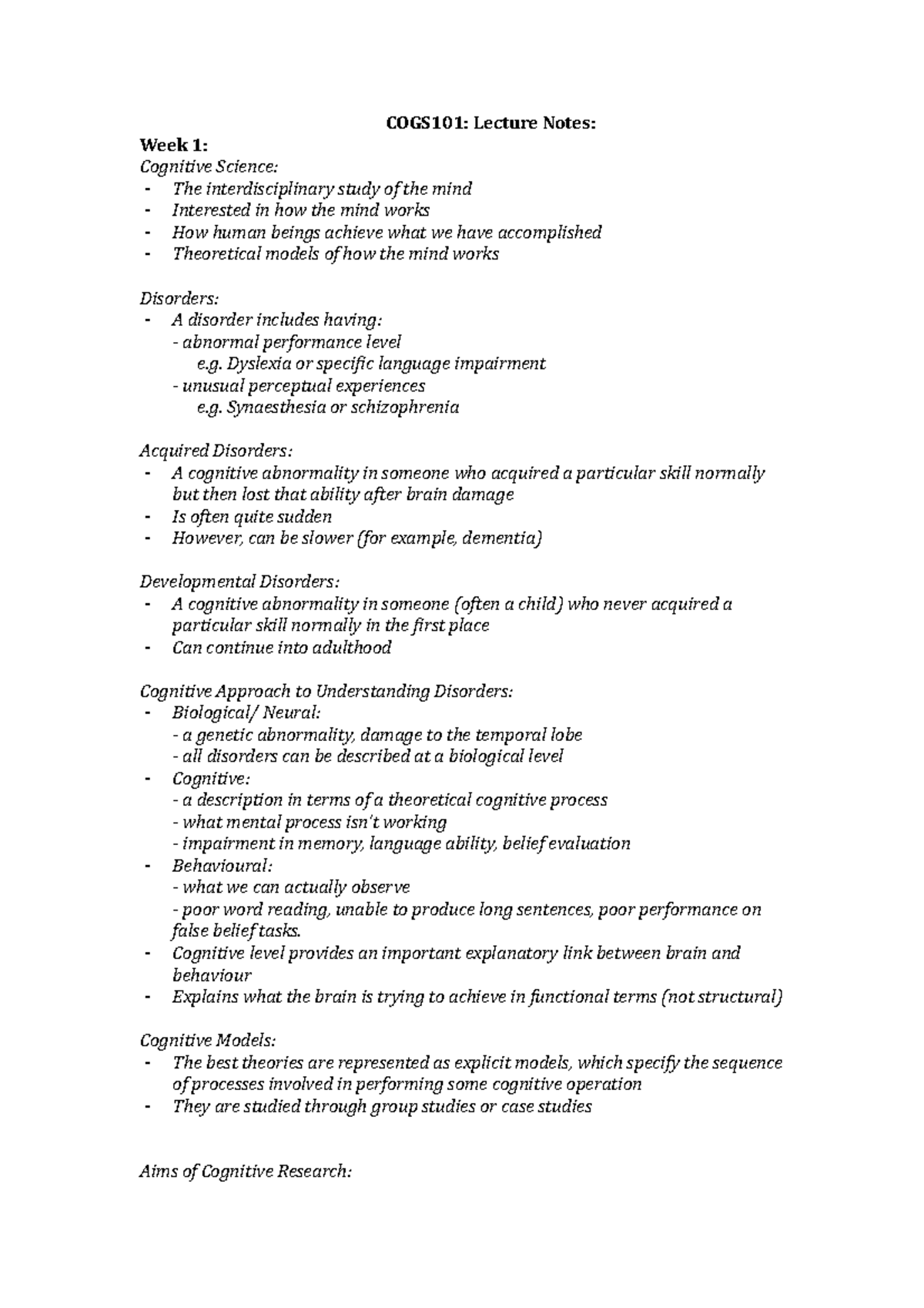 COGS Notes - COGS101: Lecture Notes: Week 1: Cognitive Science: - The ...