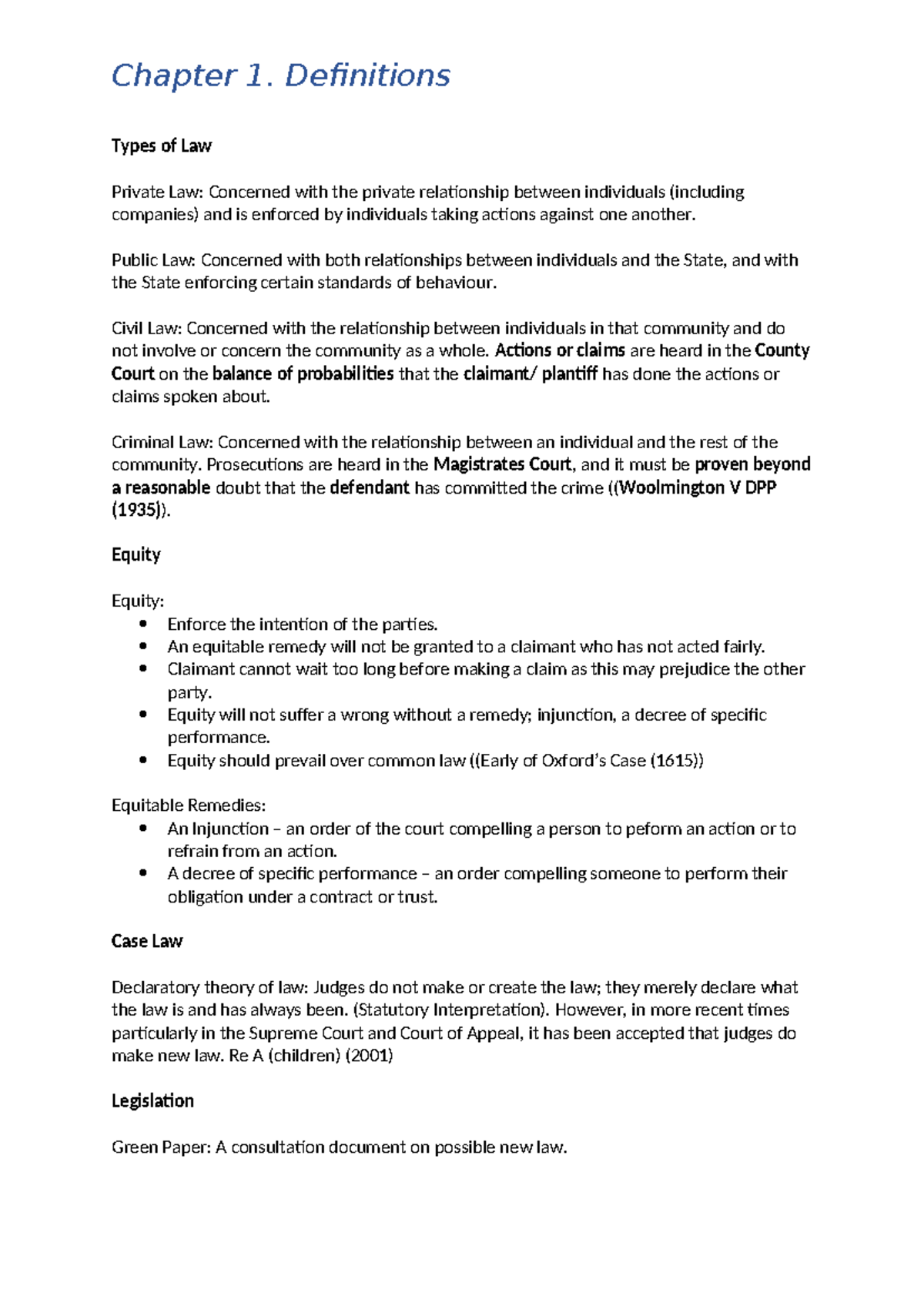 Chapter 1 - Definitions - Chapter 1. Definitions Types of Law Private ...