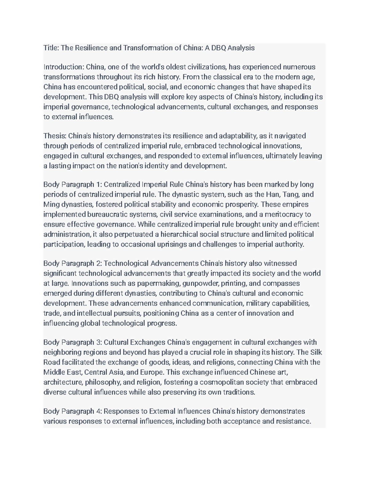 AP world history DBQ on China - Title: The Resilience and ...