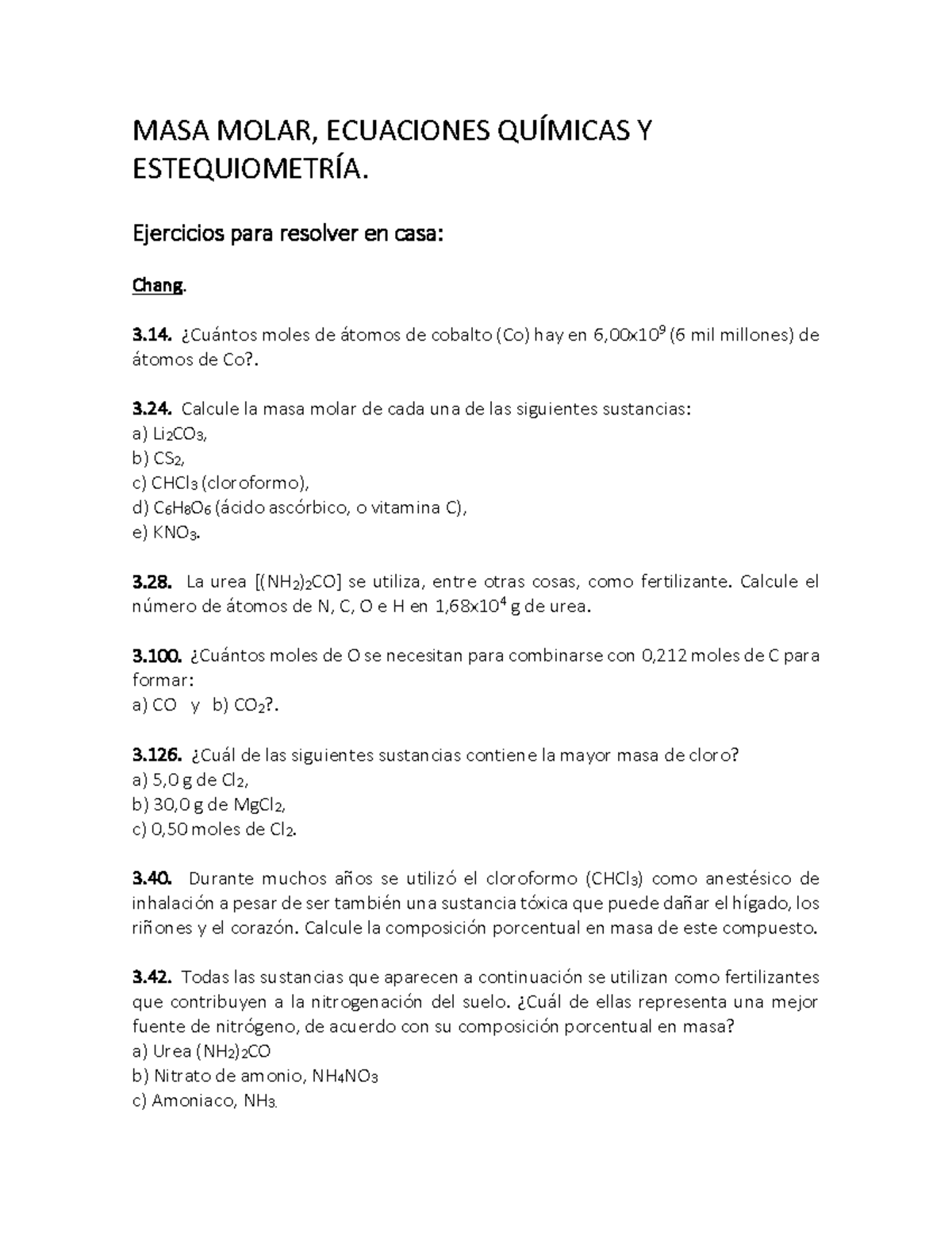 Ejercicios Estequiometría 2024 1 - MASA MOLAR, ECUACIONES QUÍMICAS Y ...
