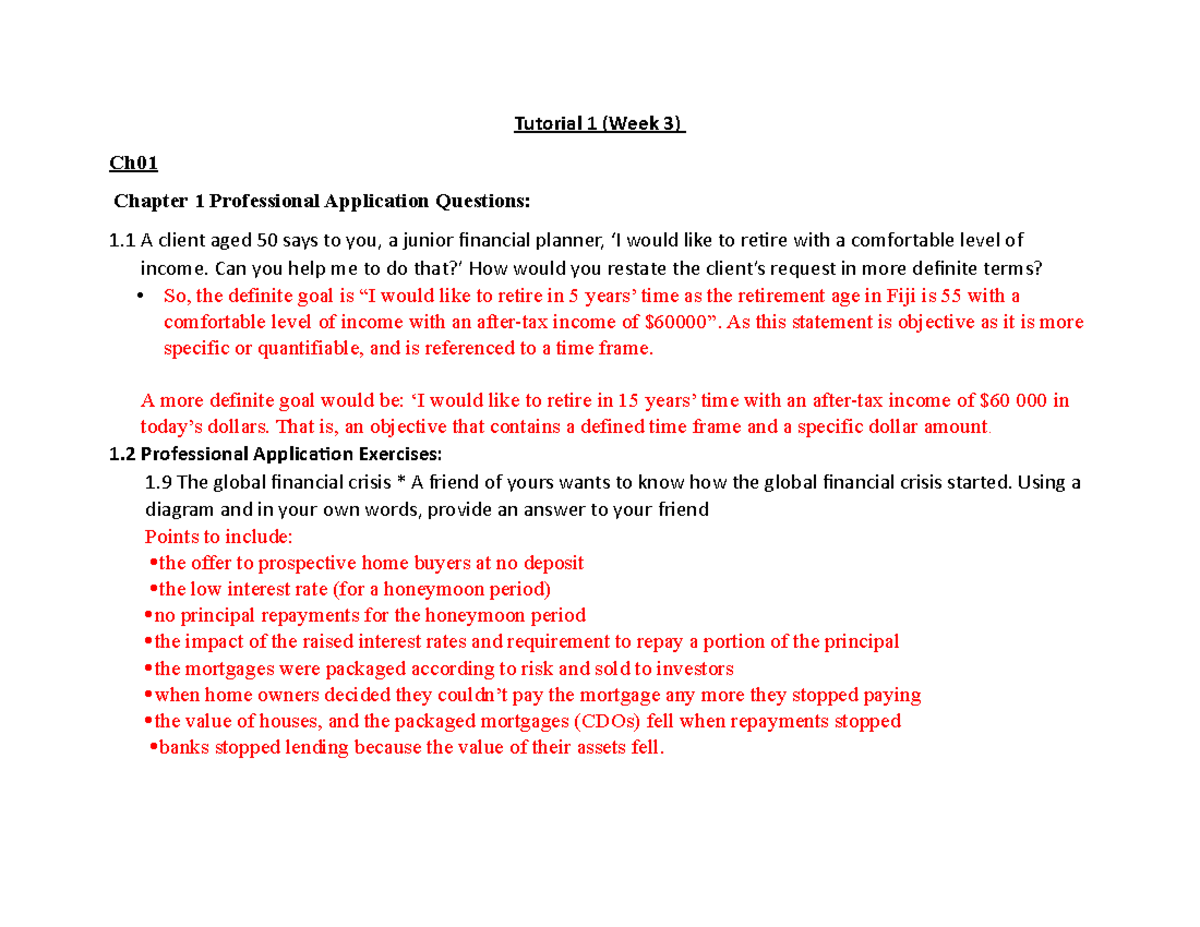 WEEK 1 Tutorial Solution for fm102 2021 - Tutorial 1 (Week 3) Ch Chapter 1 Professional ...