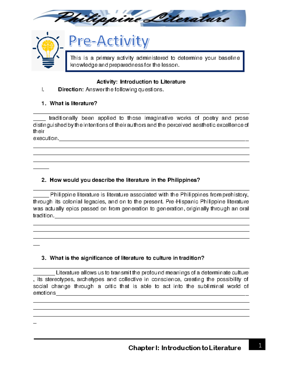 Chapter 1 - Preactivity - Introduction TO Literature Module - Chapter I ...