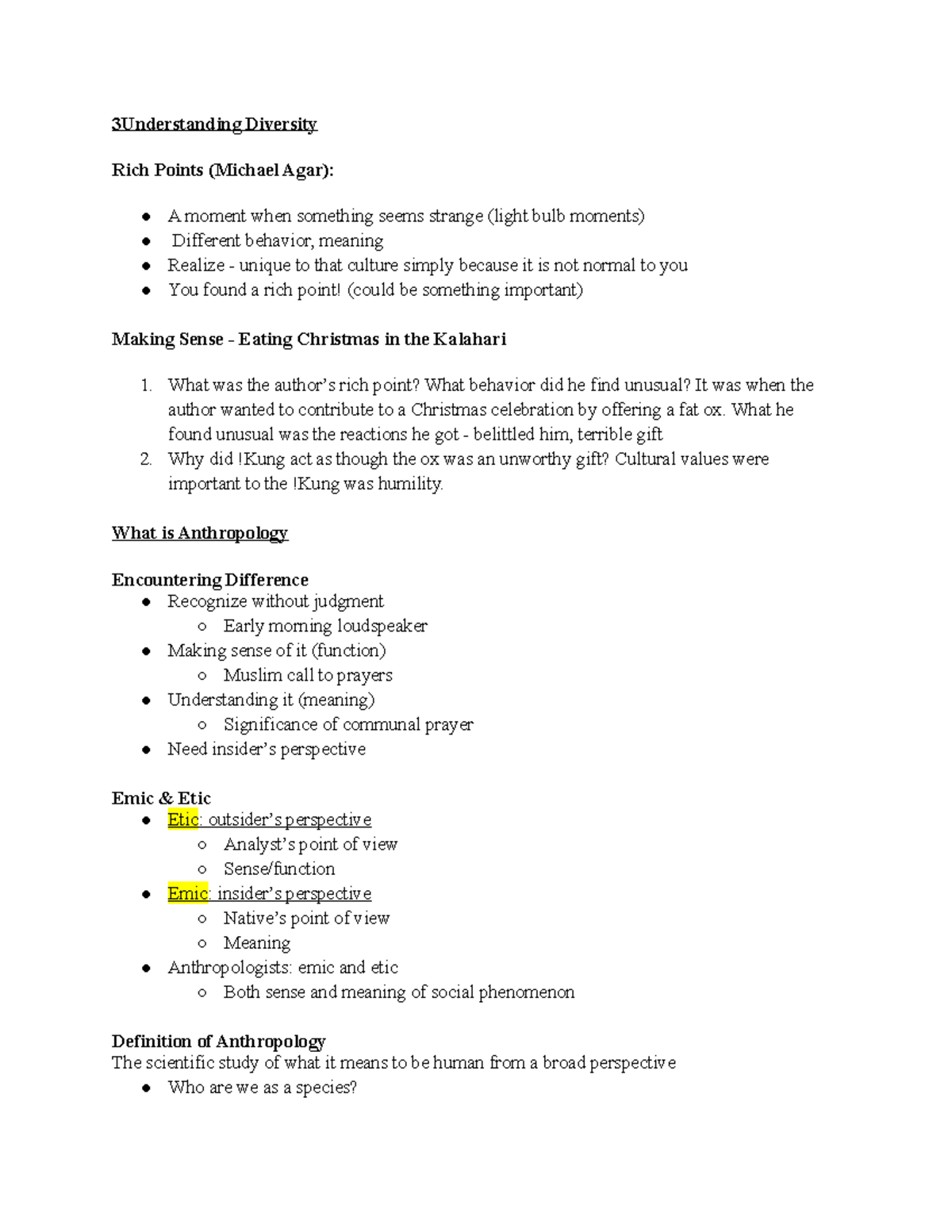 ANTH101 Notes - 3 Understanding Diversity Rich Points (Michael Agar): A ...