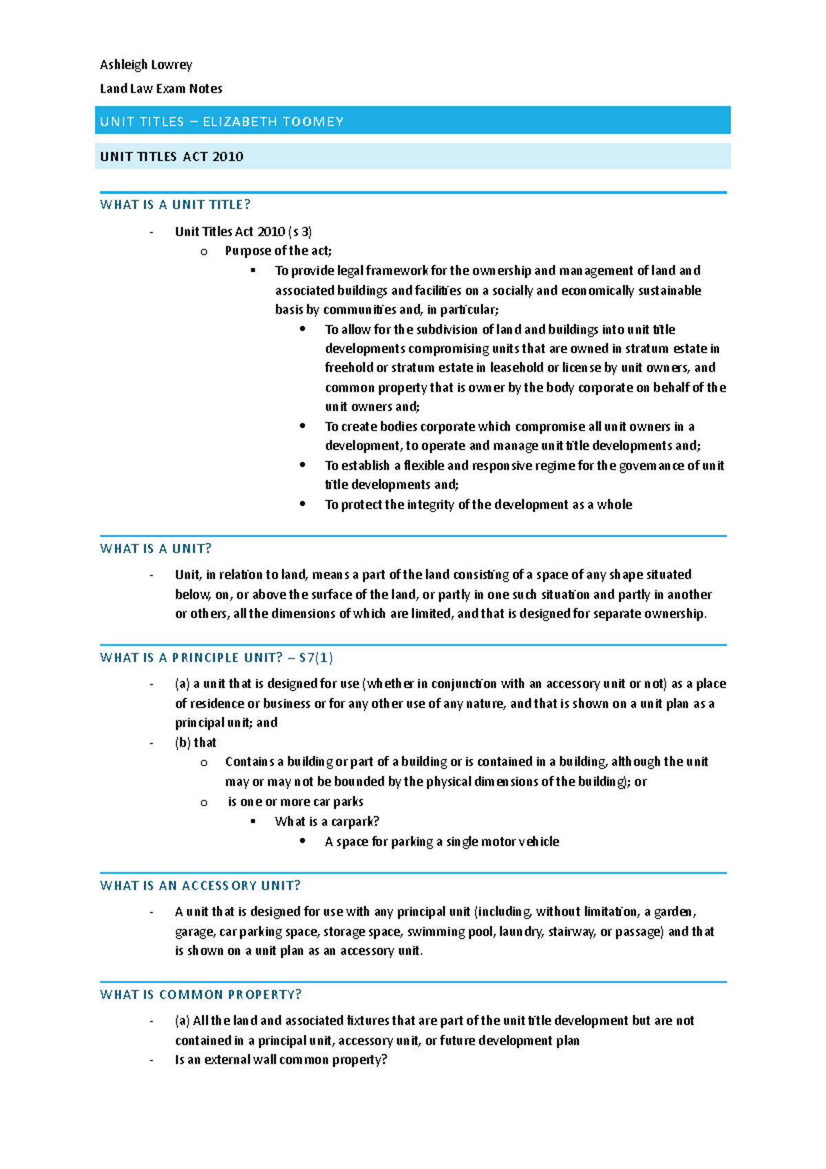 Unit Titles Notes - Land Law Exam Notes UNIT TITLES – ELIZABETH TOOMEY ...