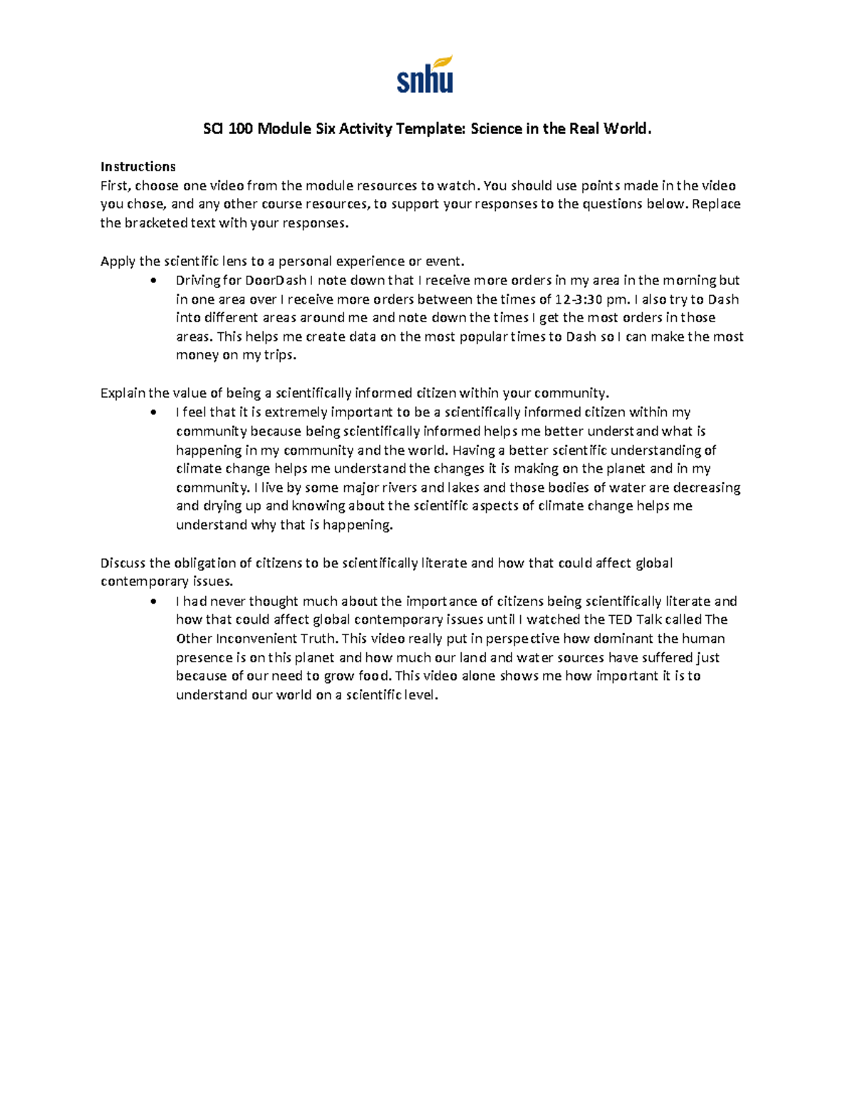 SCI 100 Module Six Activity - Instructions First, choose one video from ...