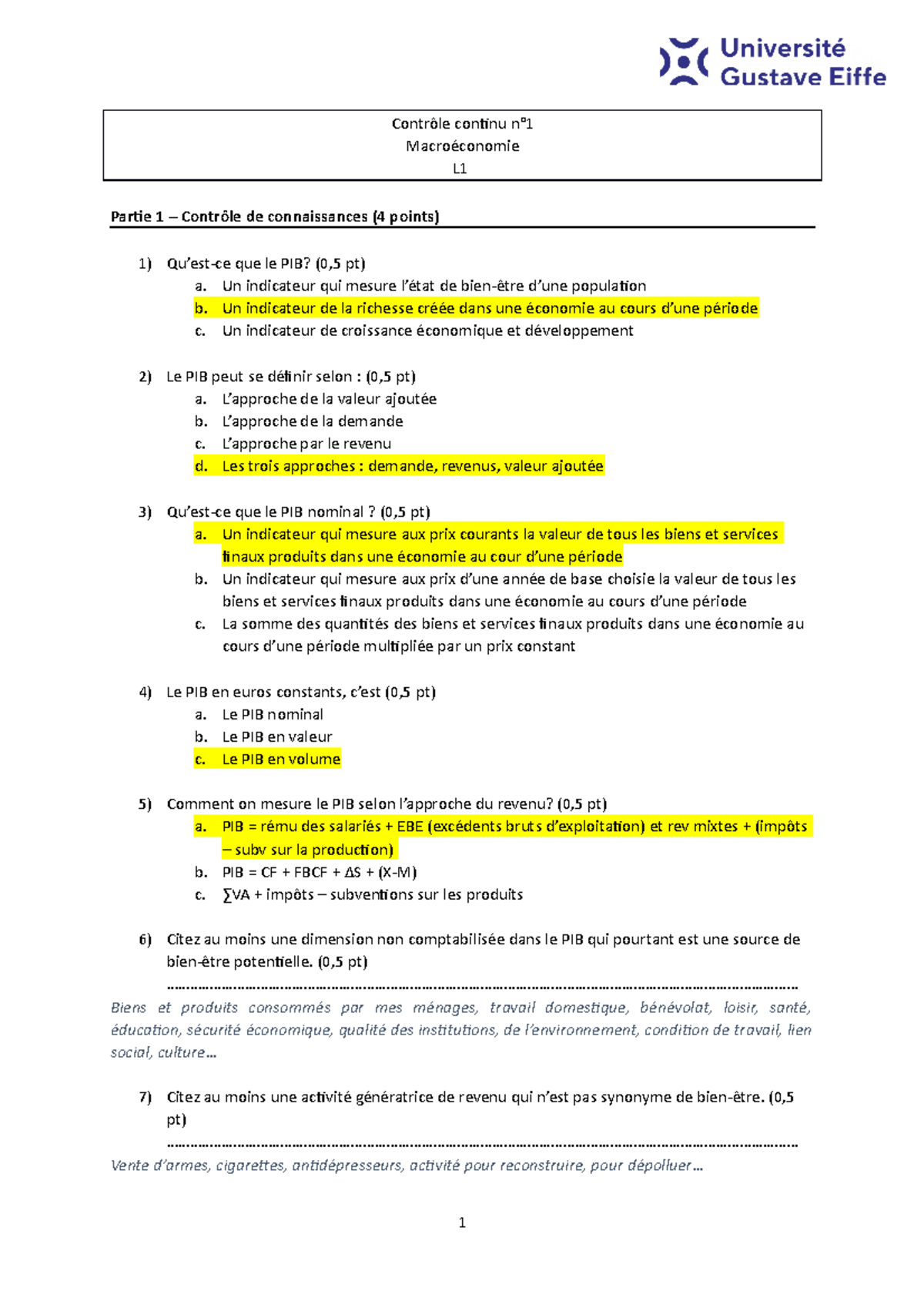 CC1 - correction cc1 macroéconomie - Contrôle continu n° Macroéconomie L Partie 1 – Contrôle de ...
