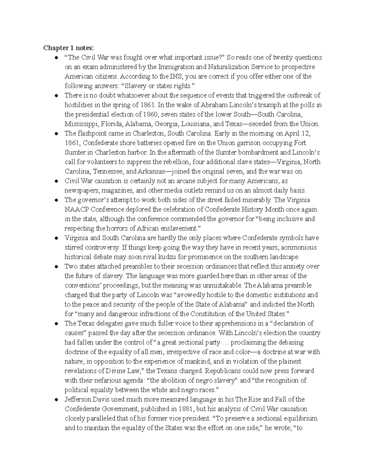HIUS420 CH.1 textbook Notes - Chapter 1 notes: “The Civil War was ...