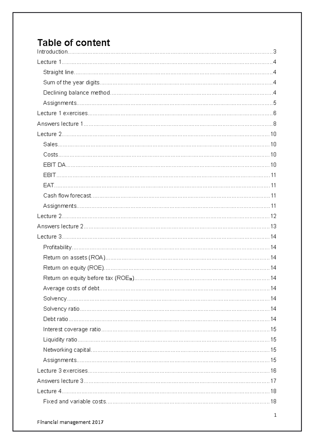 Summary of the 1st year of Financial Management - Table of content ...