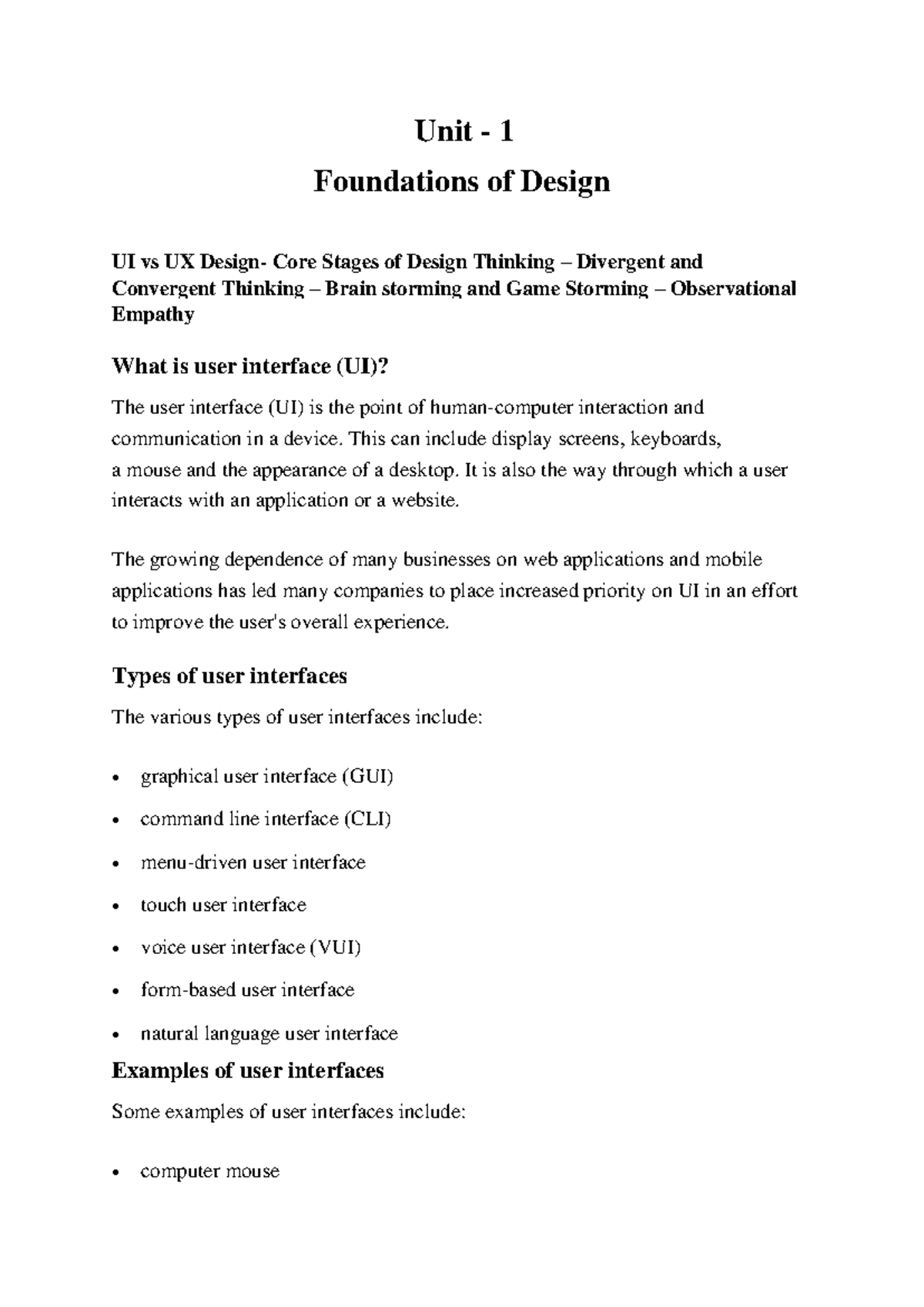 Unit-1 - SHORT NOTES - Unit - 1 Foundations of Design UI vs UX Design ...
