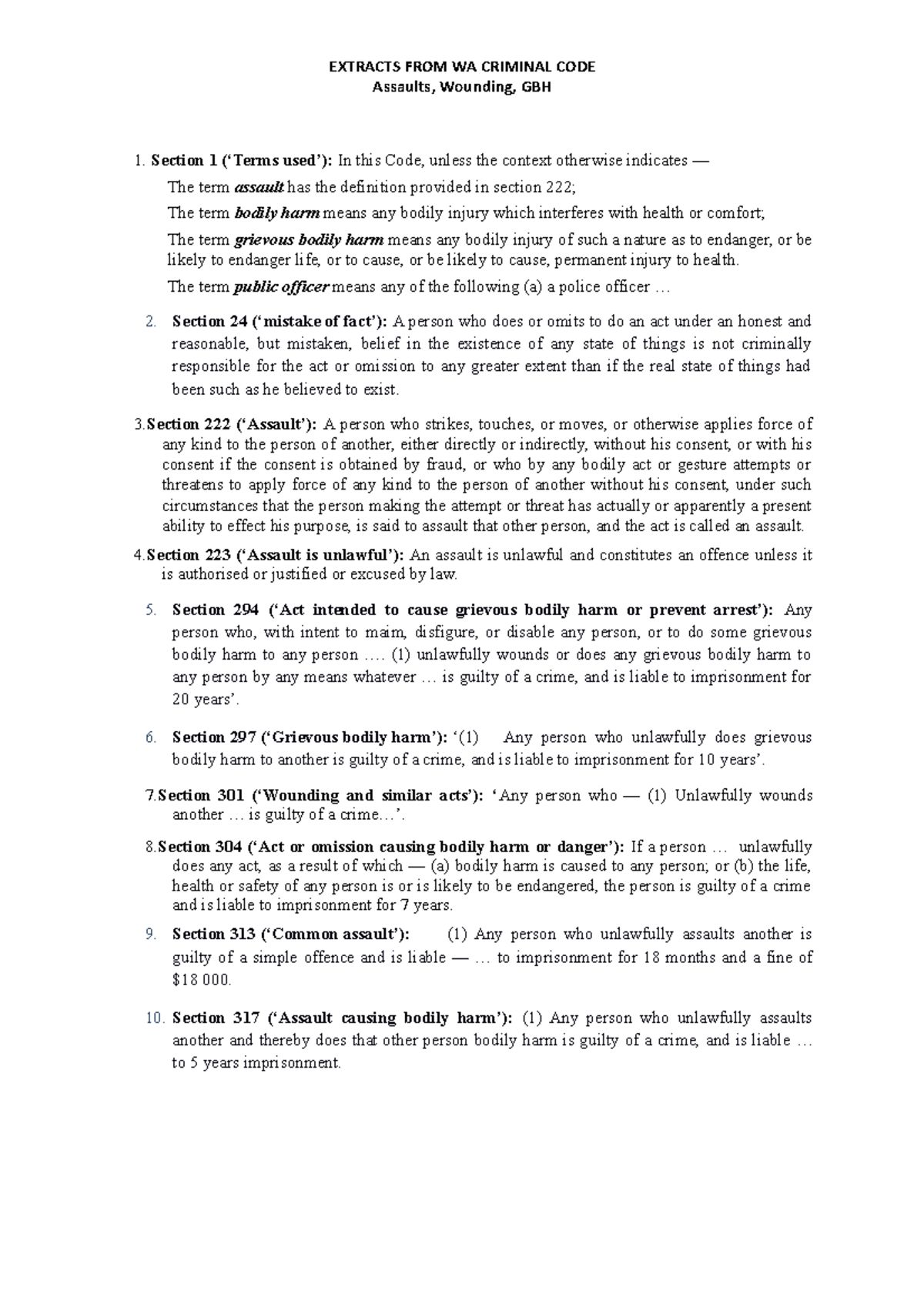 Non-fatal offences - EXTRACTS FROM WA CRIMINAL CODE Assaults, Wounding ...