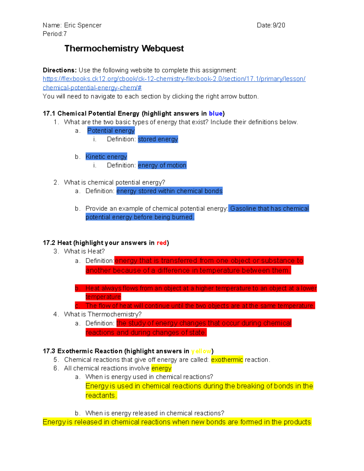 Thermochemistry Webquest - Name: Eric Spencer Date:9/ Period ...