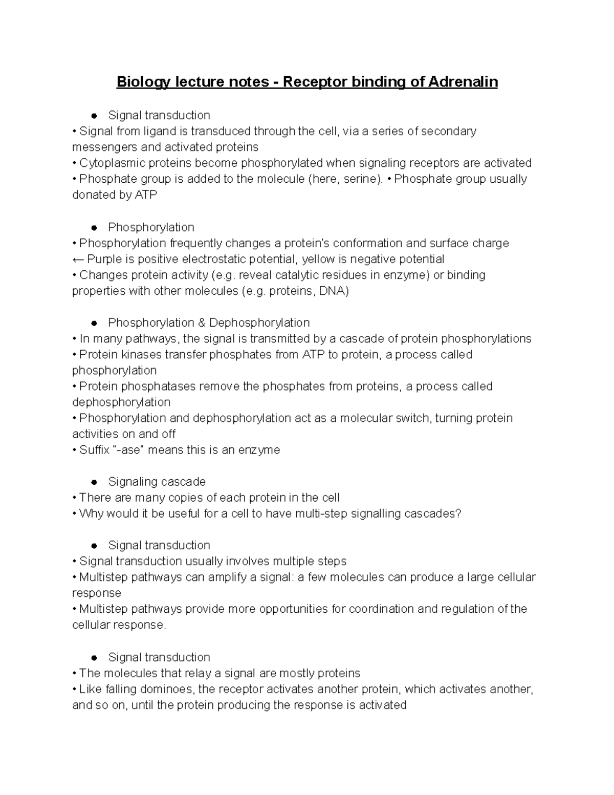 Biology lecture notes - Receptor binding of Adrenalin - • Phosphate ...