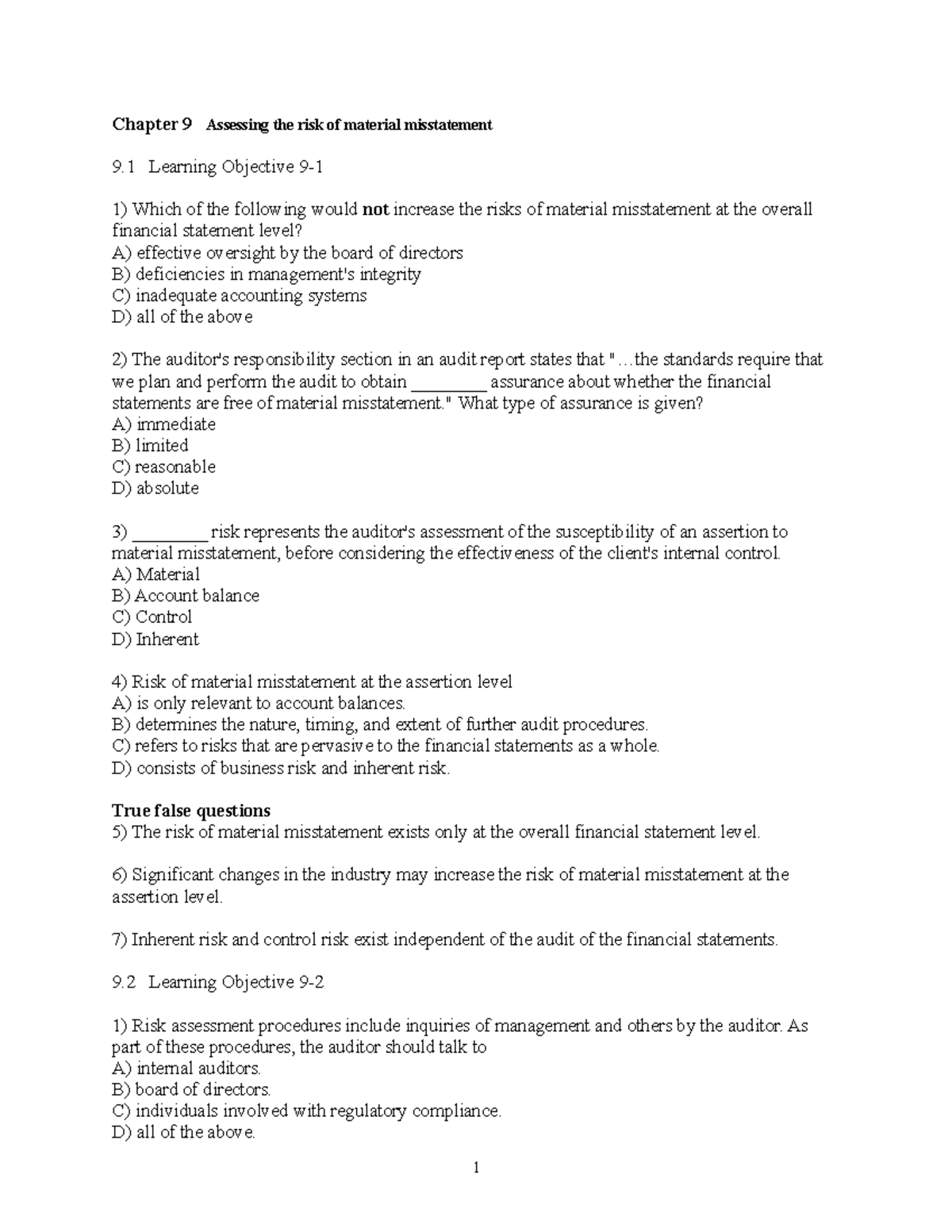 Chapter 09 questions - Note - Chapter 9 Assessing the risk of material ...